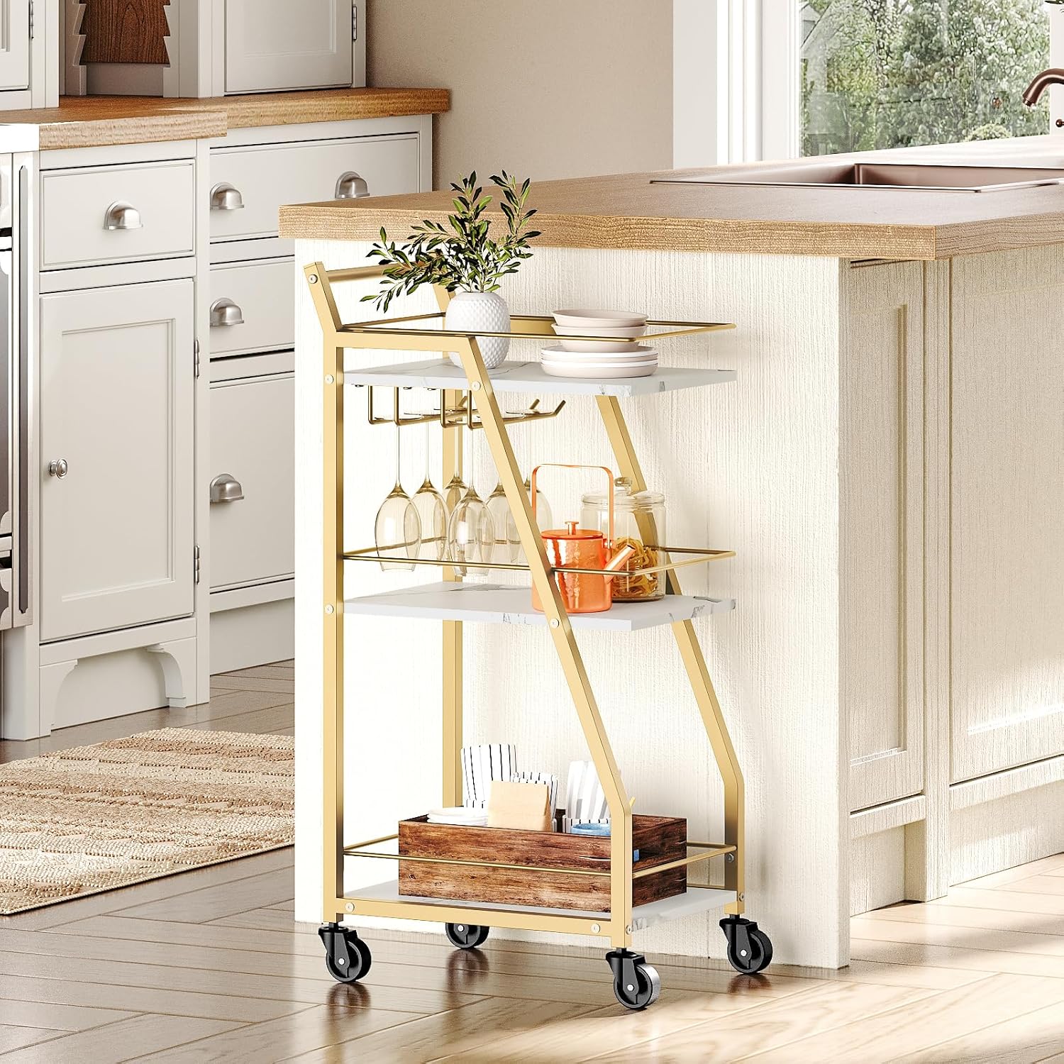 3-Tier Kitchen Bar Trolley in White & Gold Finish – Vibecrafts