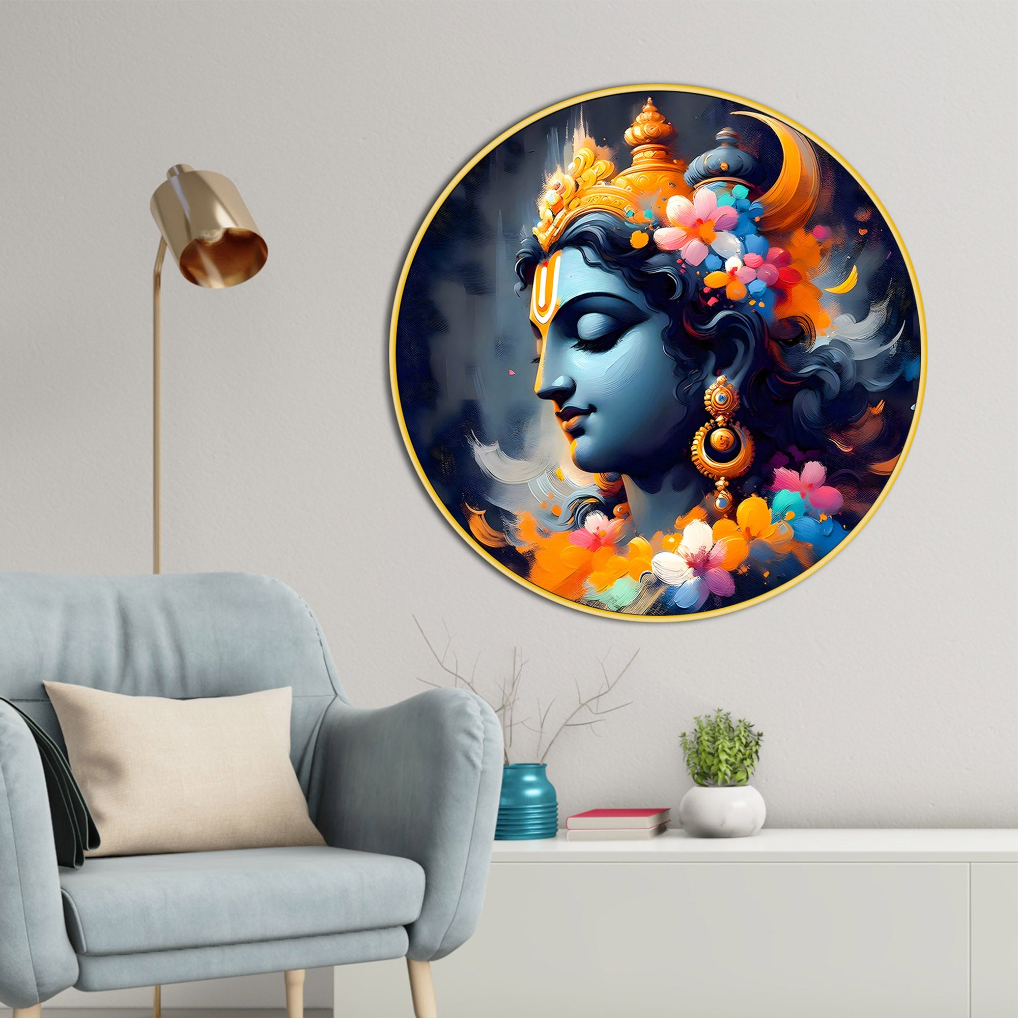 Artistic Lord Krishna Round Frame Painting – Vibecrafts