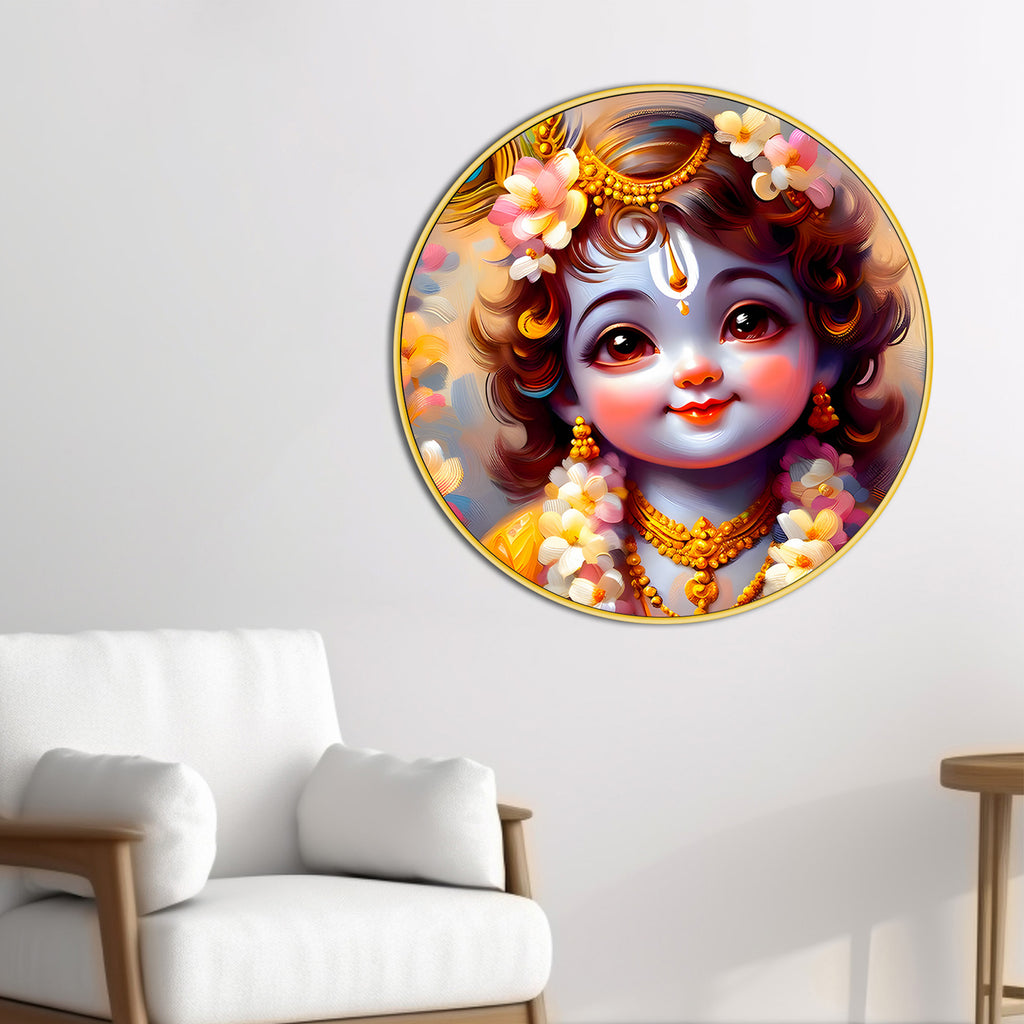 Bal Krishna Round Frame Canvas Wall Painting