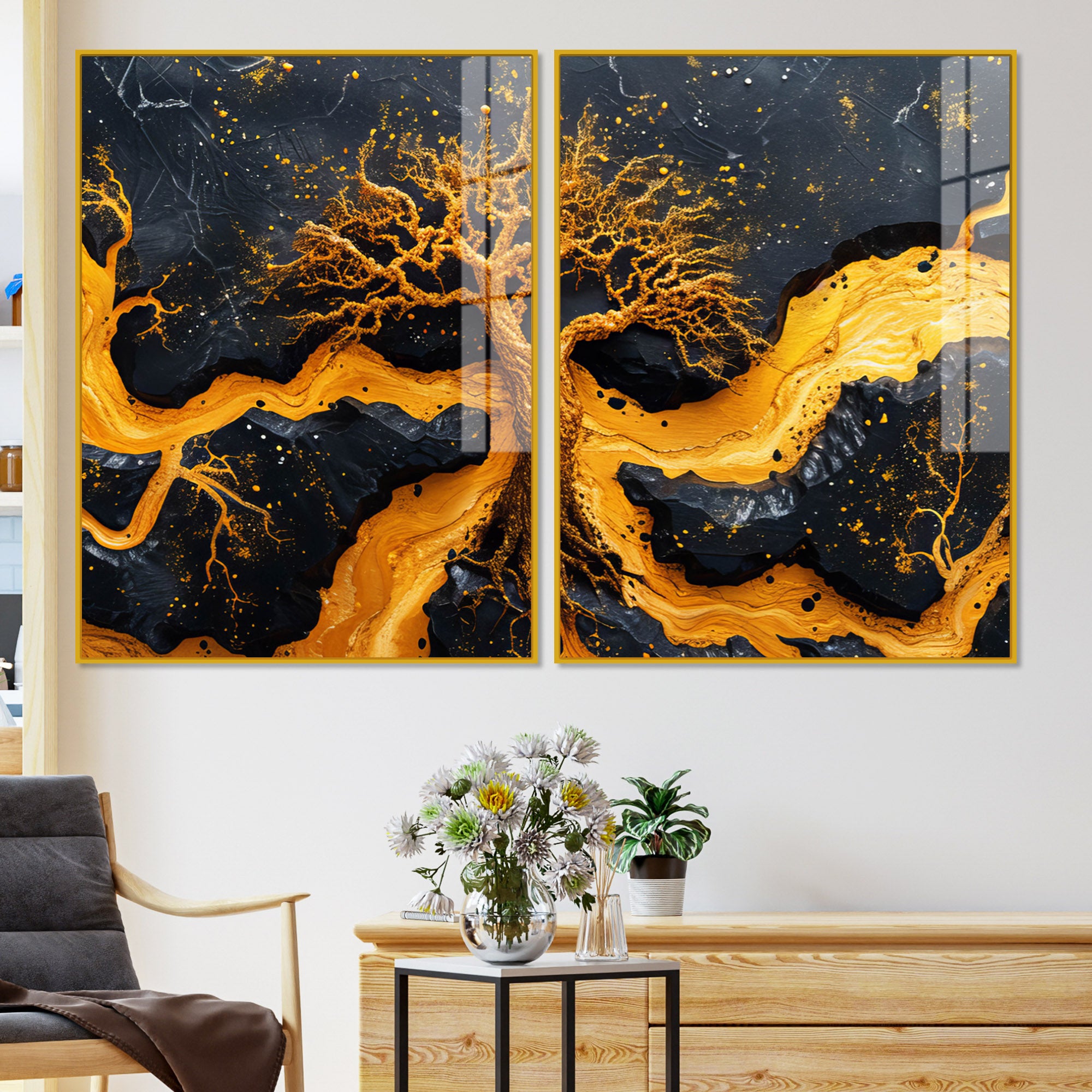 Beautiful Golden Artistic Tree Root Shaped Acrylic Art Floating Wall P ...