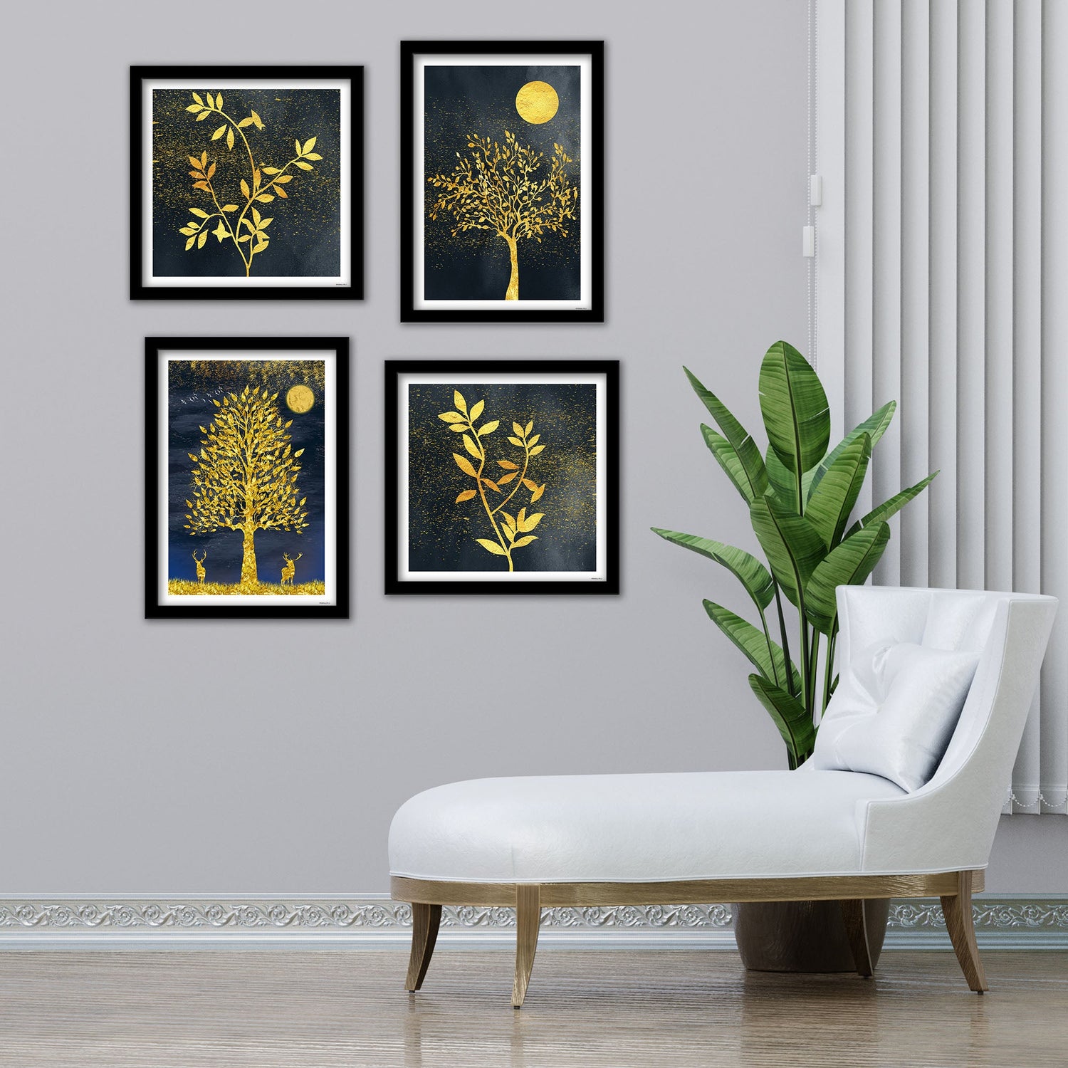 Beautiful Golden Leaf Tree Wall Frame Set of Four – Vibecrafts