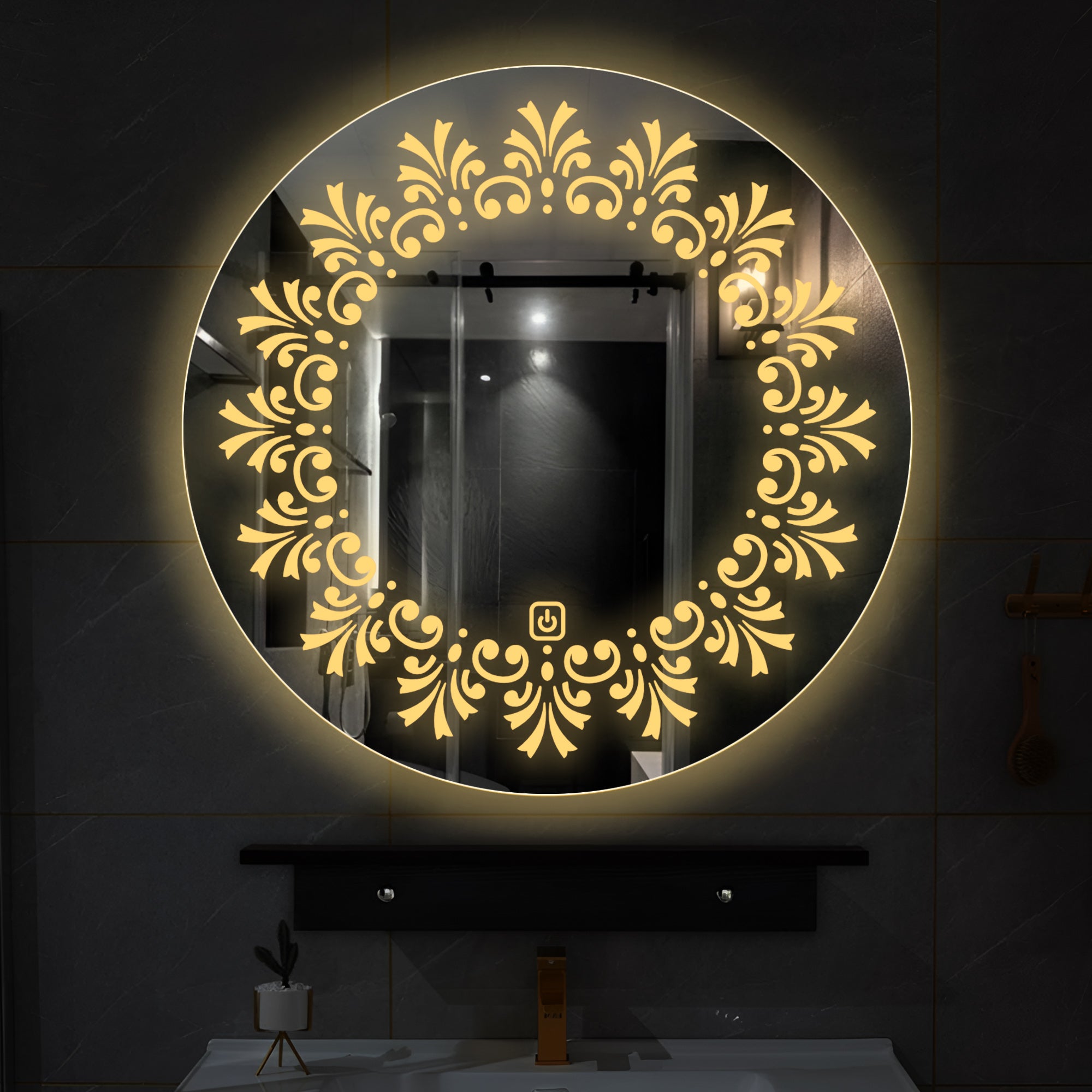 Beautiful Leaf Patten Art LED Rounded Shape Bathroom Wall Mirror ...