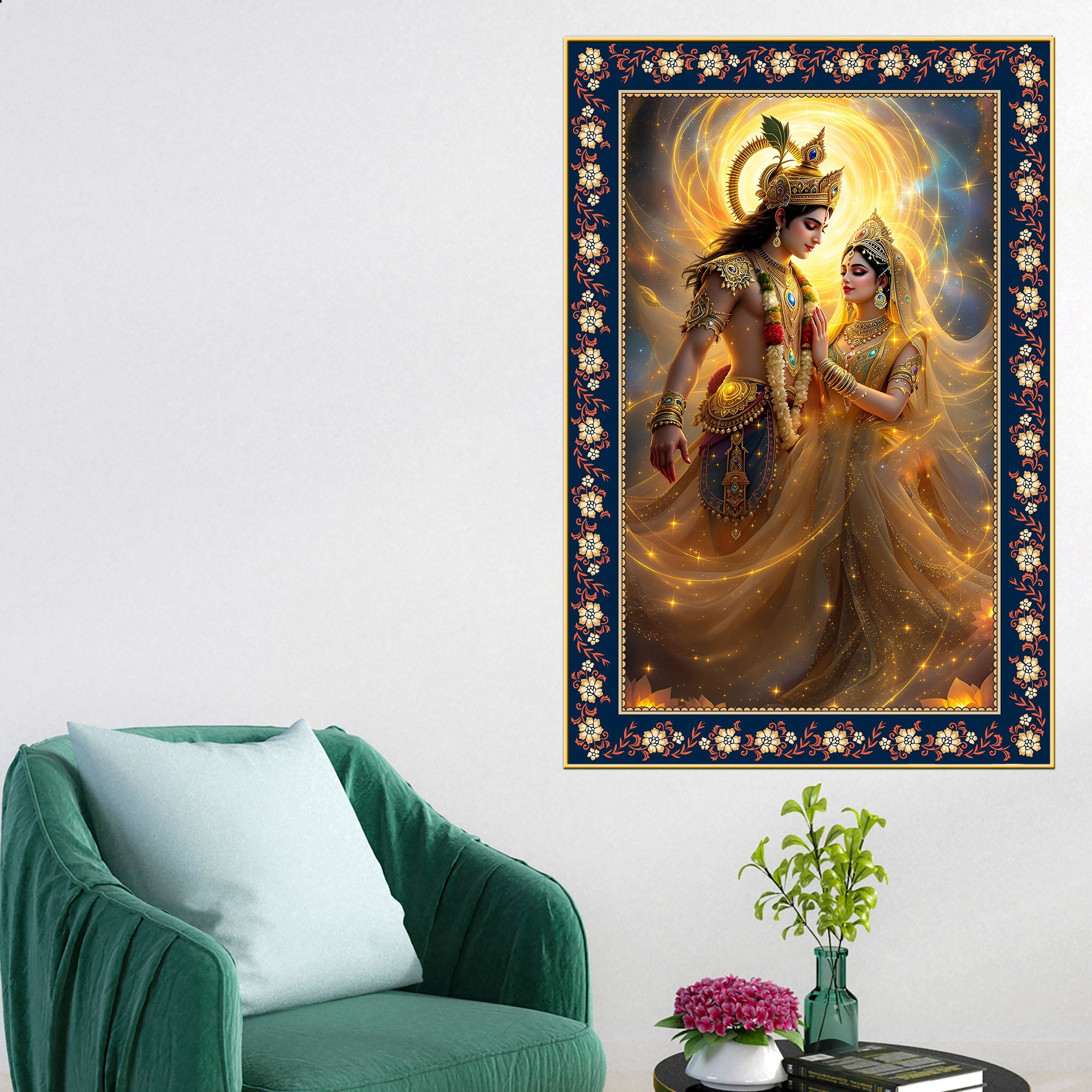 Beautiful Radha Krishna Divine Floral Border Vertical Wall Painting ...