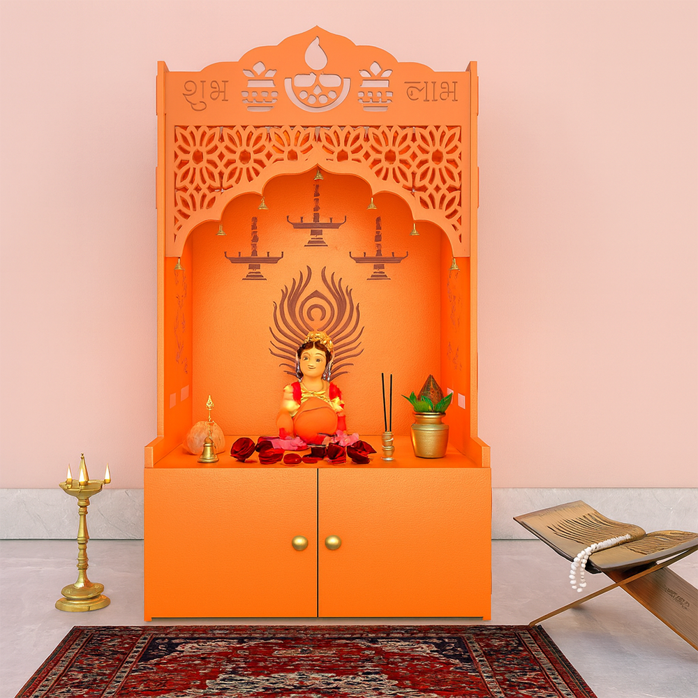 Bhagwa Wooden Floor Pooja Mandir with Shubh Labh Design Floral & Peaco ...