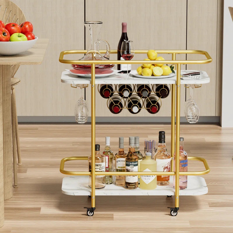 Contemporary Bar Cart Trolley with Golden Frame & Dual Shelves – Vibecrafts