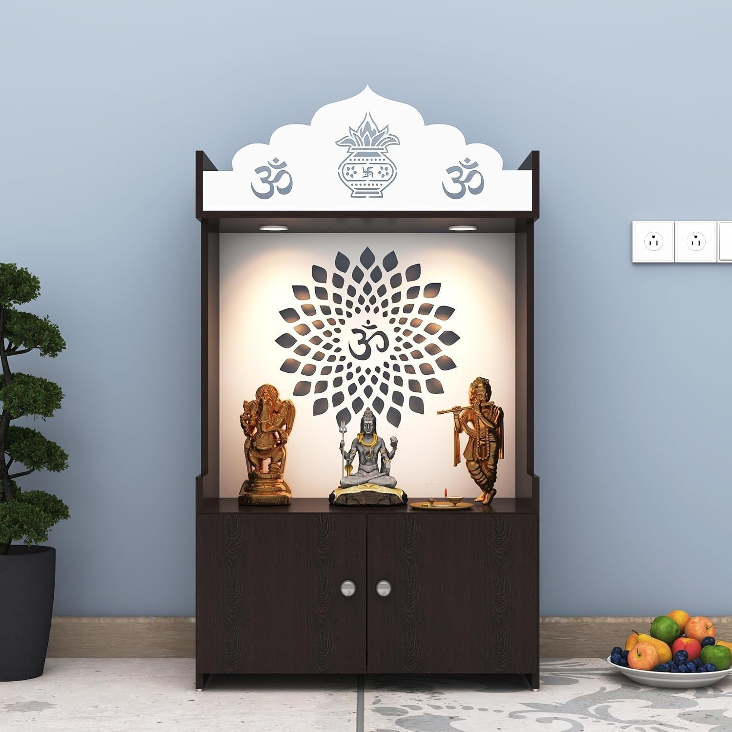 Dark Wooden Floor Pooja Mandir with Kalash & Om Top Design Lotus Patte ...