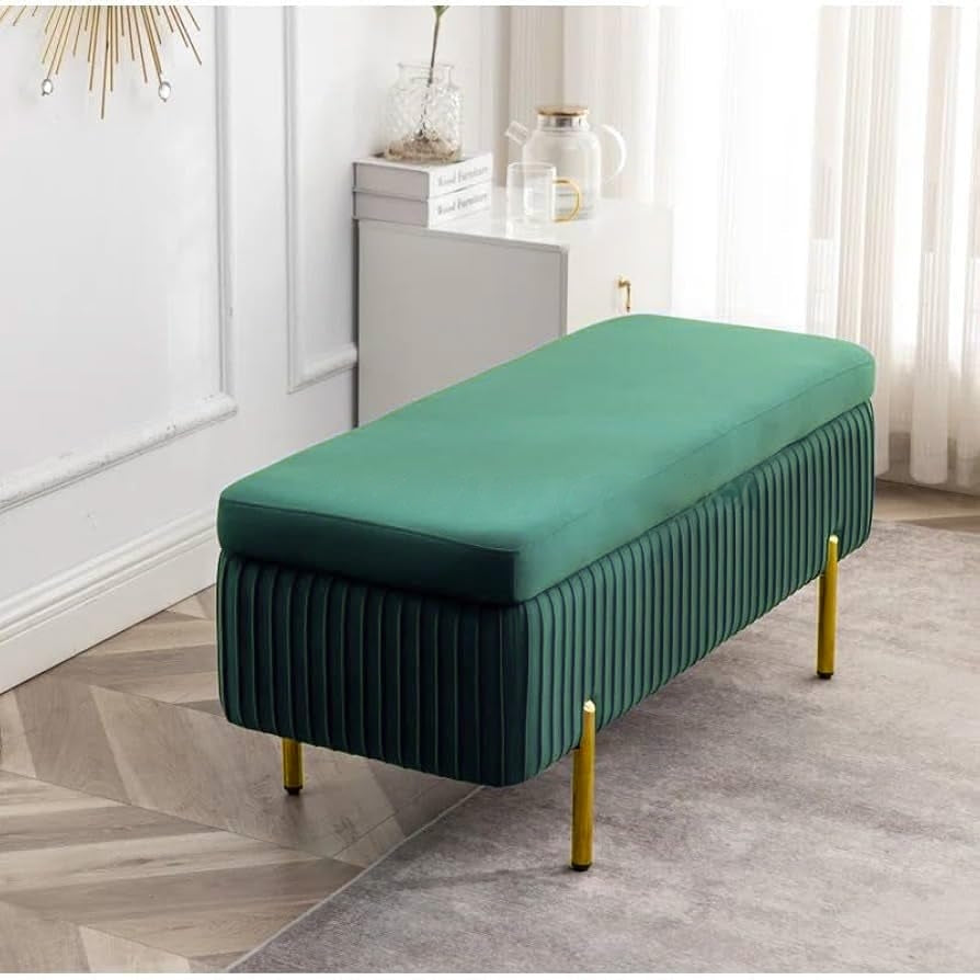 Designer Rich Green Velvet Bench with Smart Storage Ottoman – Vibecrafts