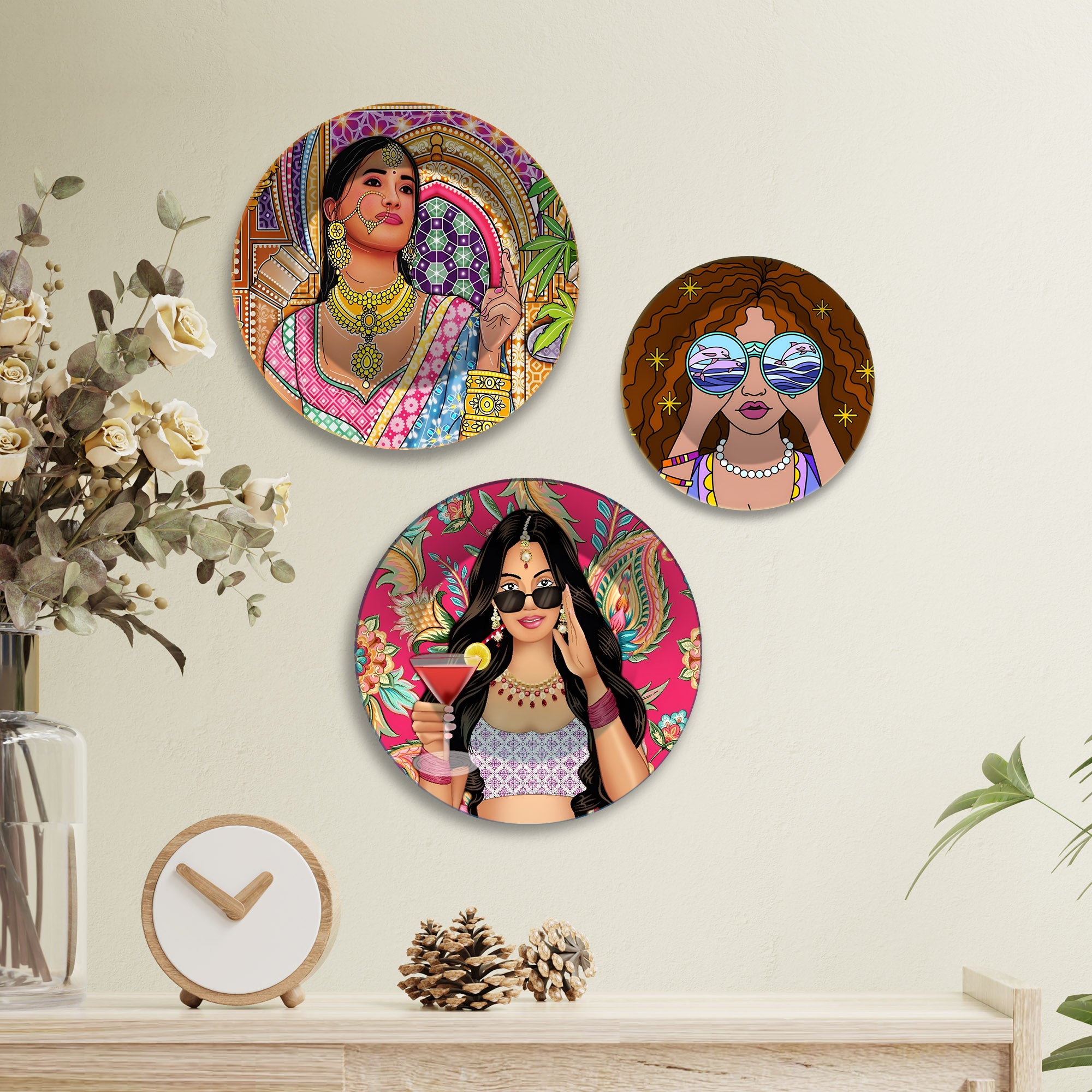 Fusion Femmes Divas Glam Premium Wall Plates Painting Set of 3 – Vibecrafts