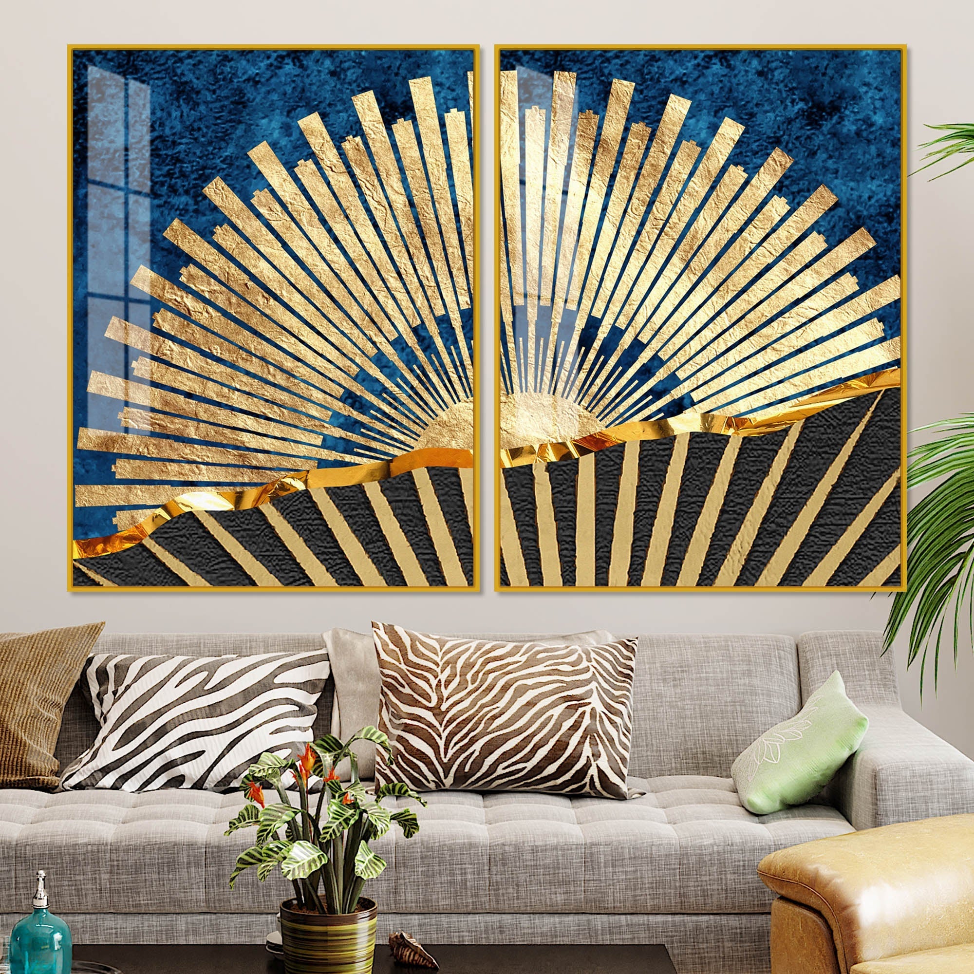 Golden Rising Sun Acrylic Floating Wall Painting Set of 2 – Vibecrafts