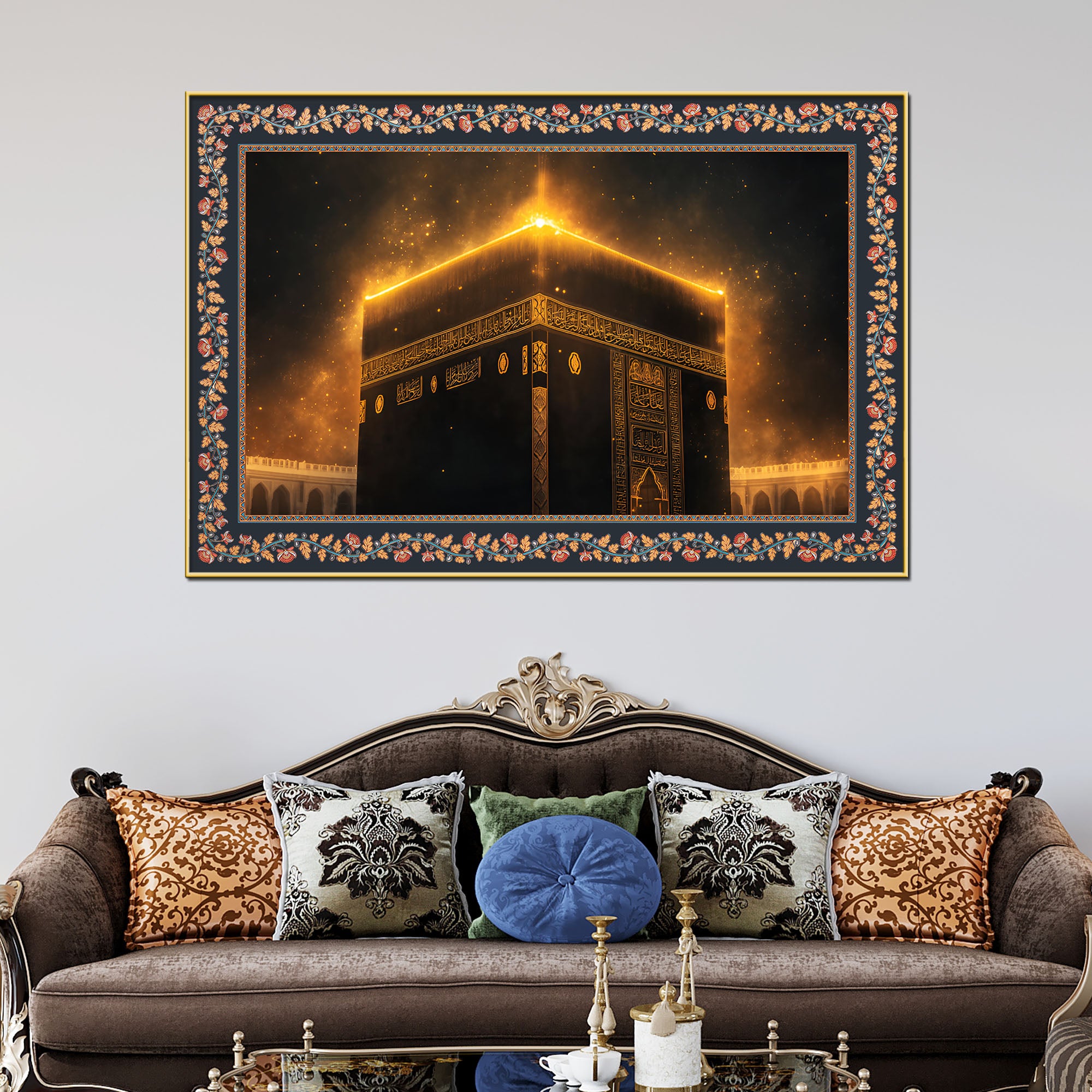 Holy Kaaba Peace & Serenity Floral Border Canvas Wall Painting – Vibecrafts