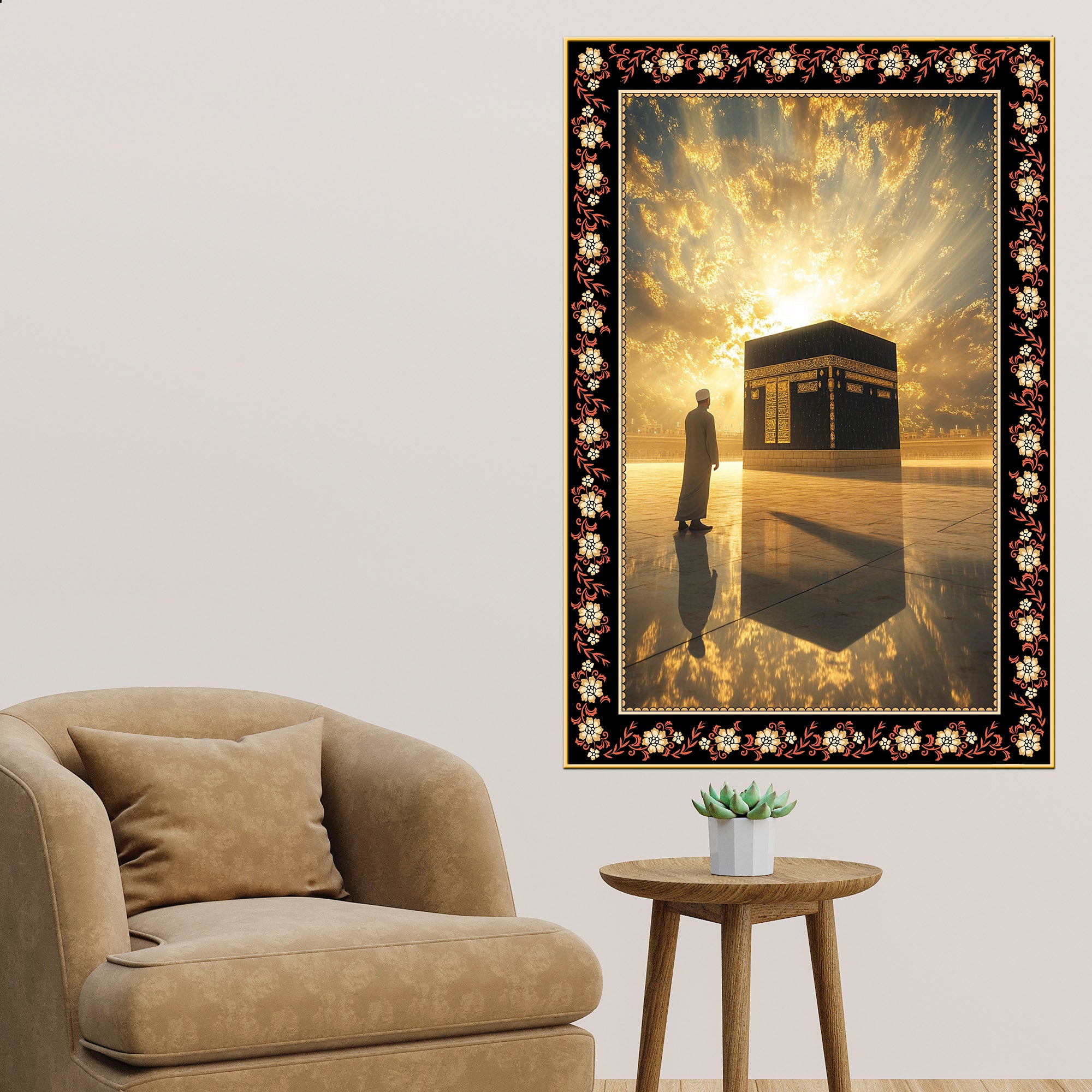 Kaaba at Mecca in Sunrise Floral Border Vertical Wall Painting – Vibecrafts