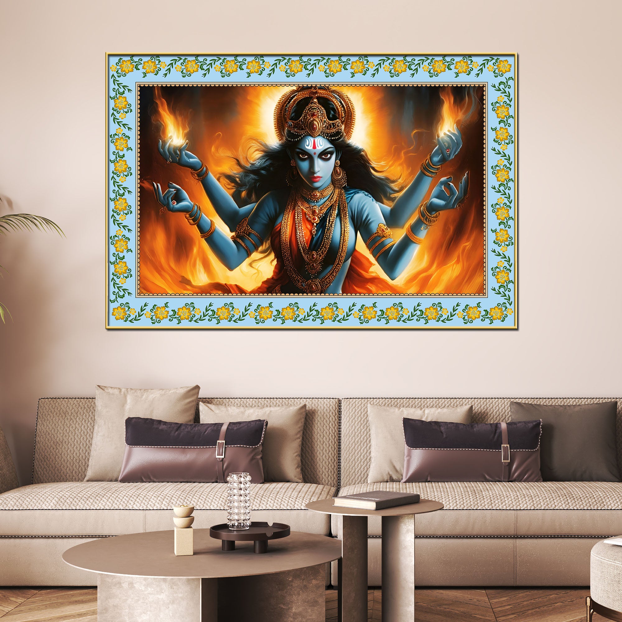Kali Hindu Goddess Floral Border Canvas Wall Painting – Vibecrafts