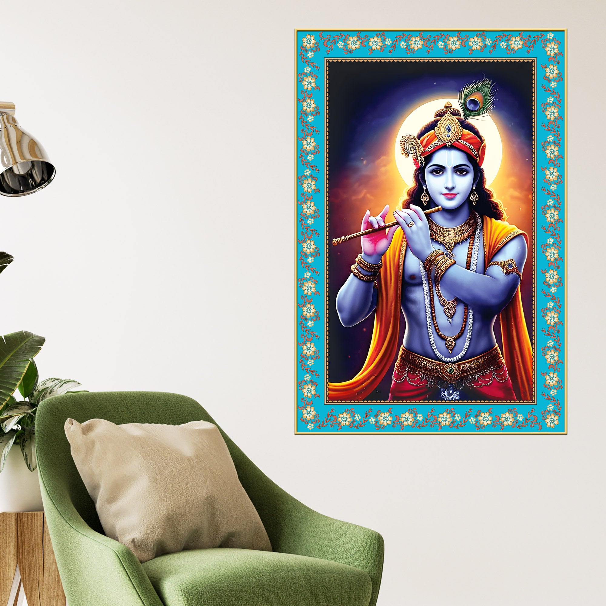 Krishna with Flute Floral Border Vertical Canvas Wall Painting – Vibecrafts