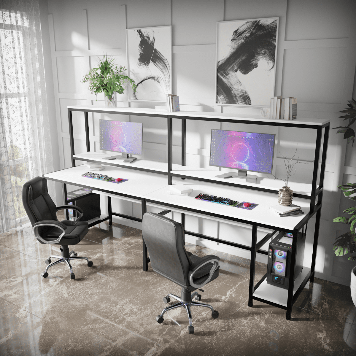 Large Workstation Office Table with 2-Tier Overhead Rack & Side Shelf ...