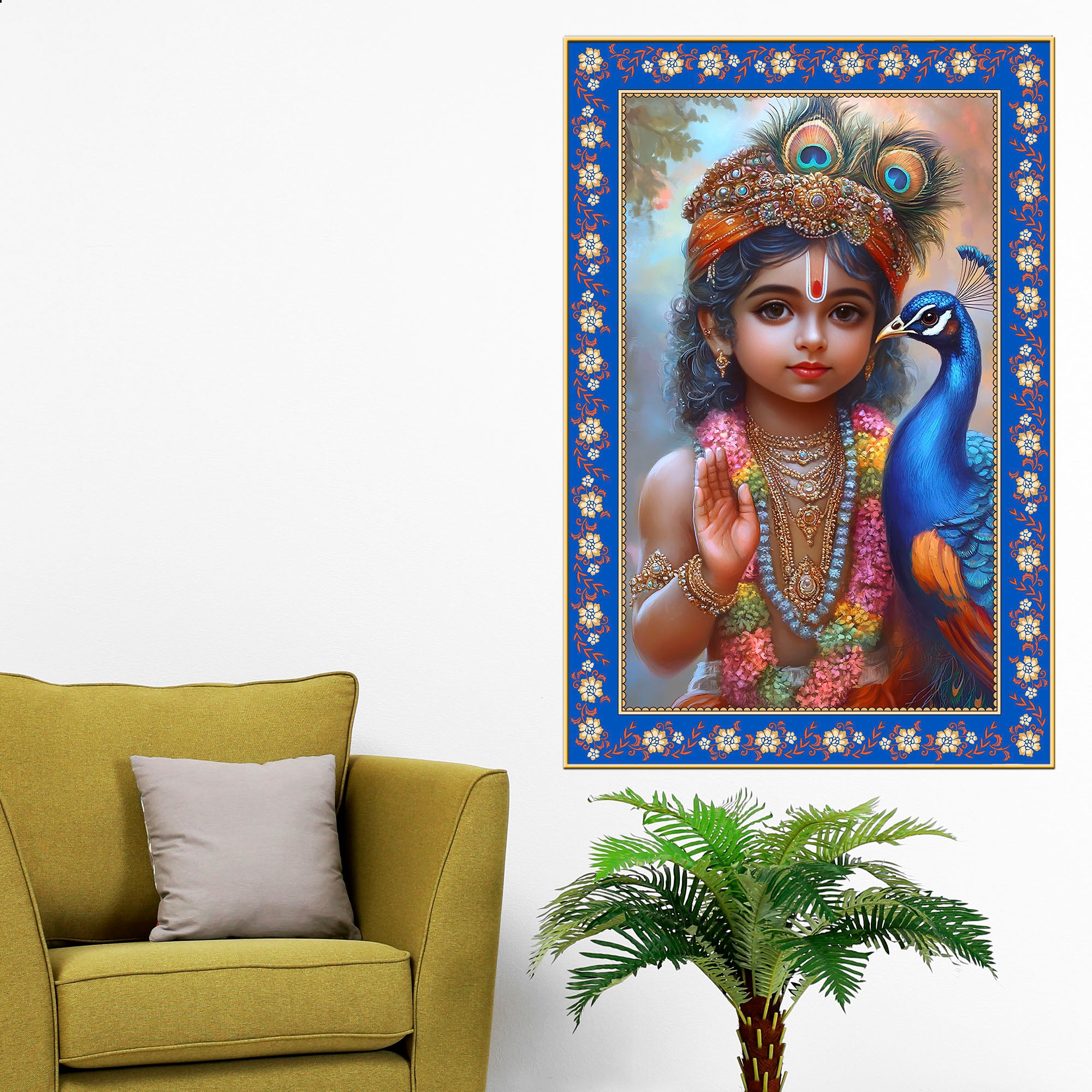 Little Krishna with Peacock Floral Border Vertical Wall Painting ...