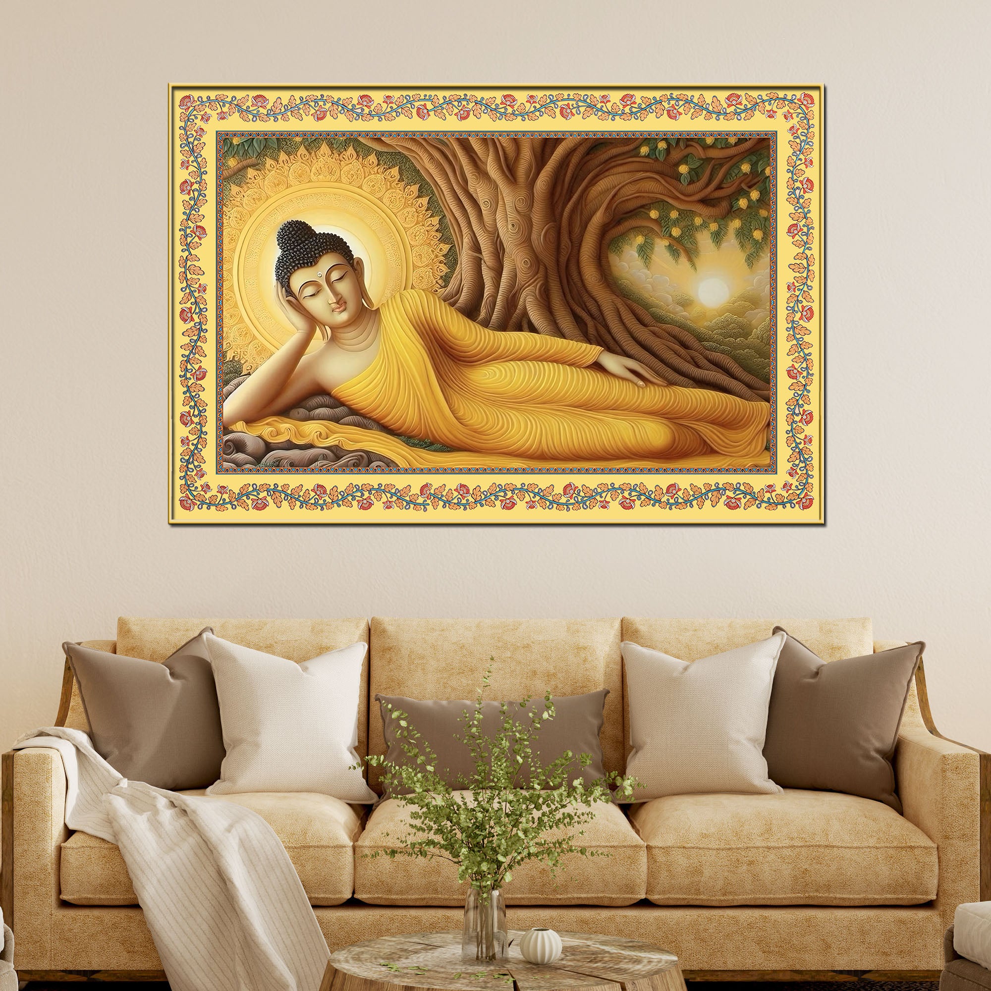 Lord Buddha in Reclining Posture Floral Border Canvas Wall Painting ...