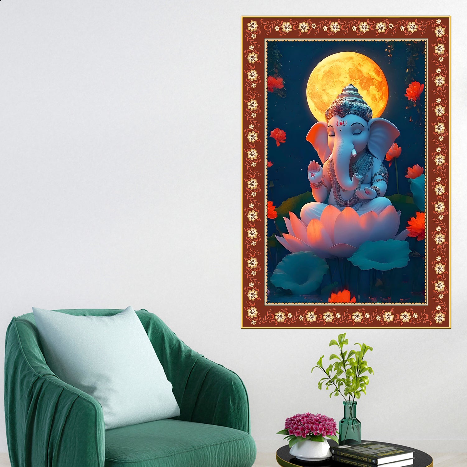 Lord Ganesha in Meditation Floral Border Vertical Wall Painting ...