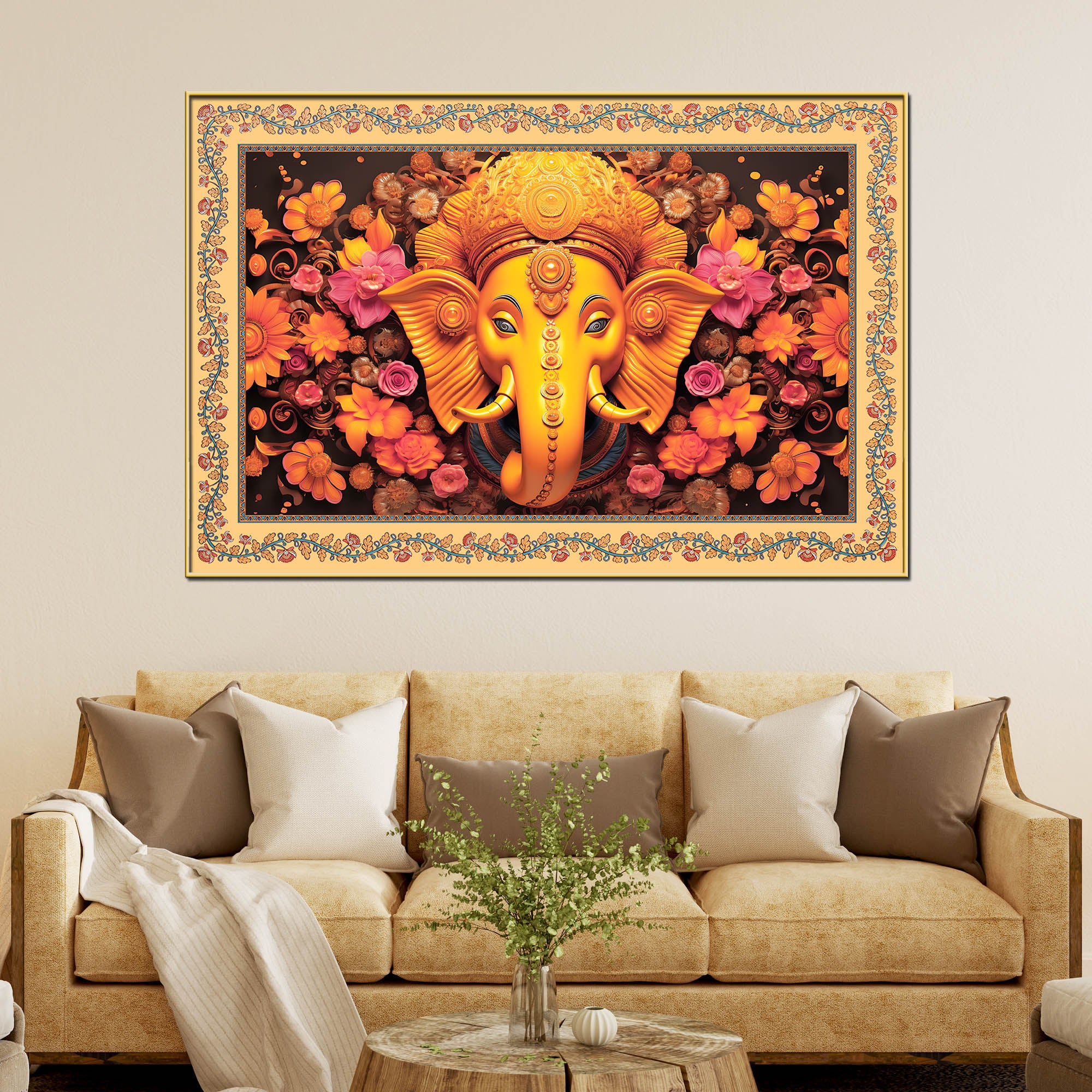 Lord Ganesha with Beautiful Flowers Border Canvas Wall Painting ...