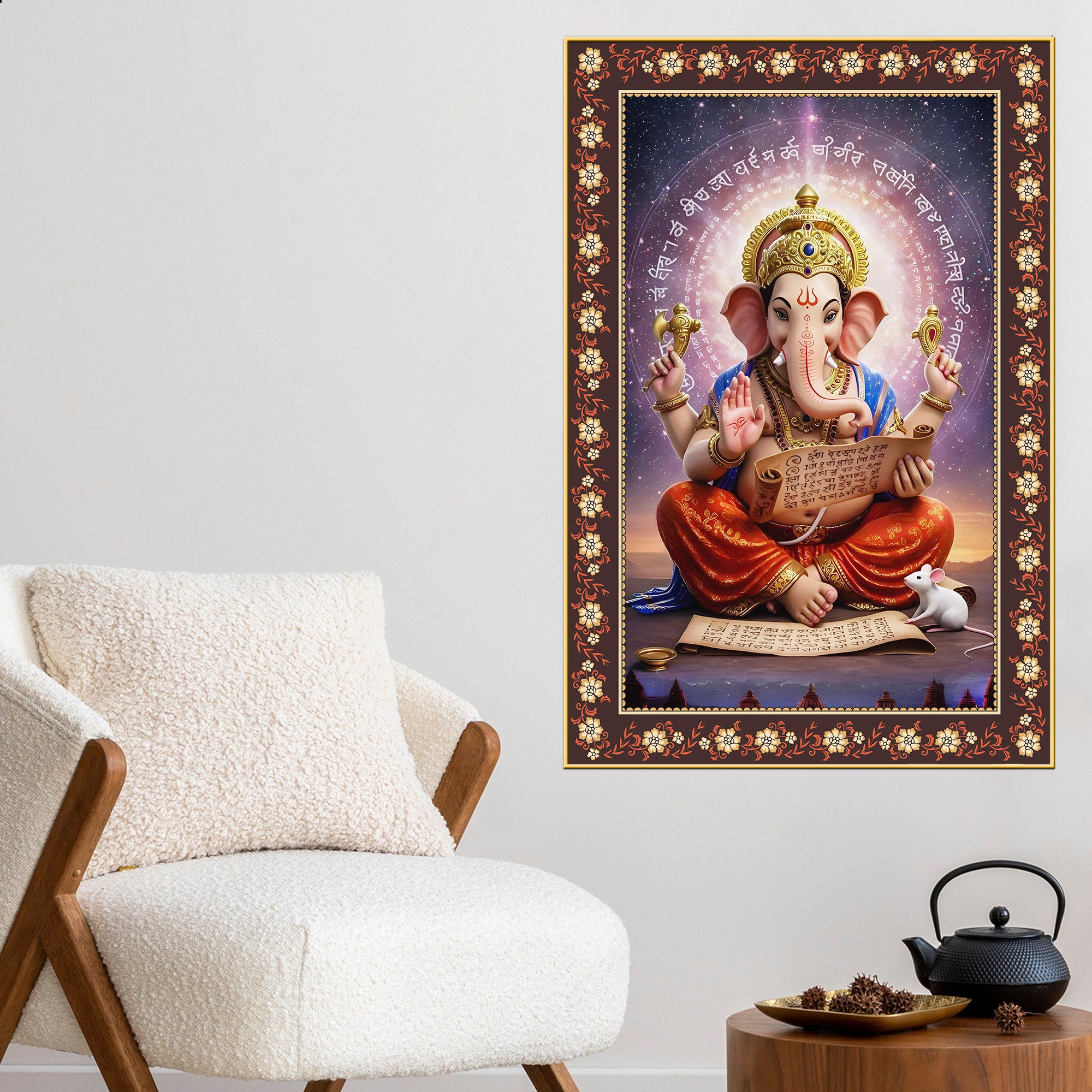 Lord Ganesha Writing Mahabharata Floral Border Vertical Wall Painting ...