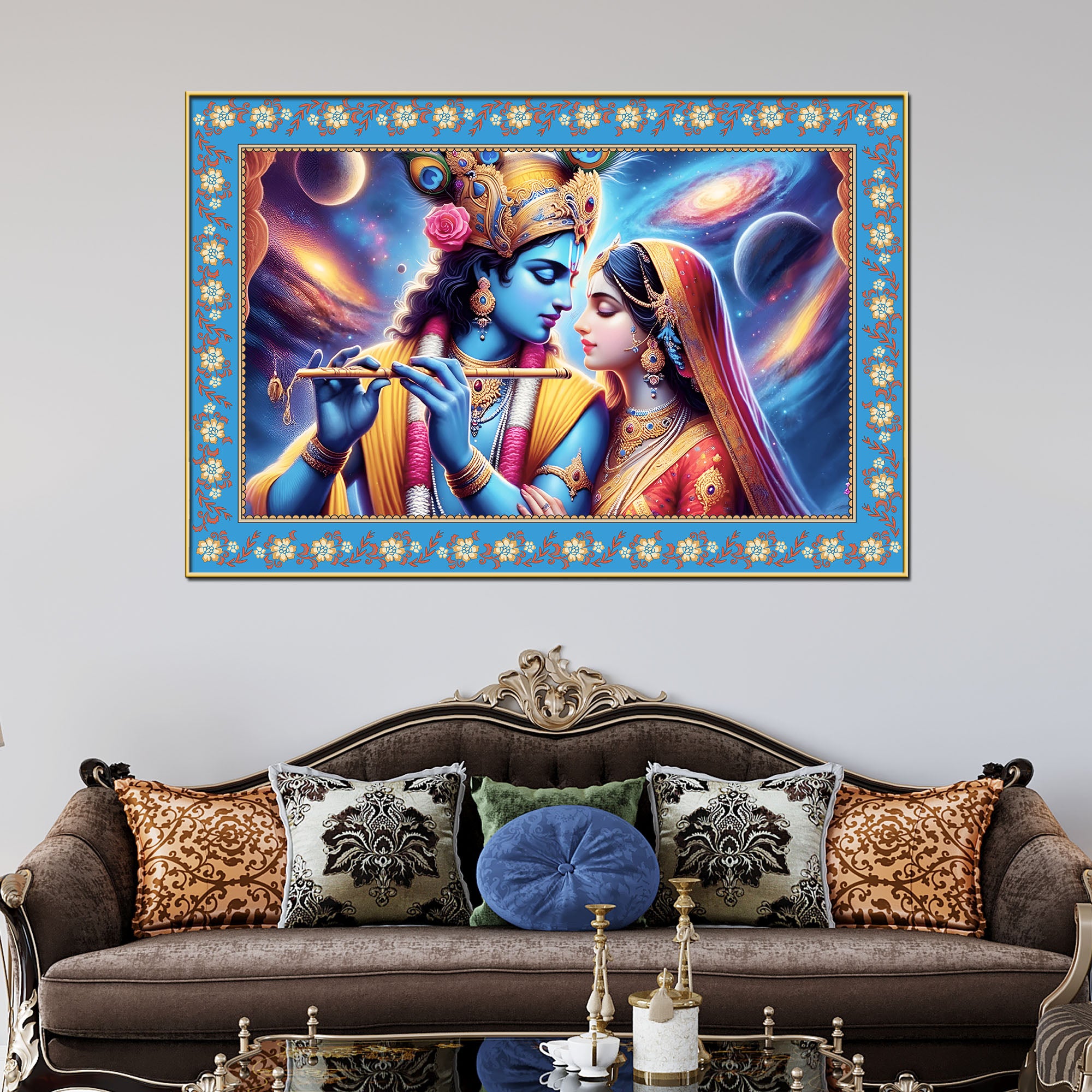 Lord Krishna with Radha Floral Border Canvas Wall Painting – Vibecrafts