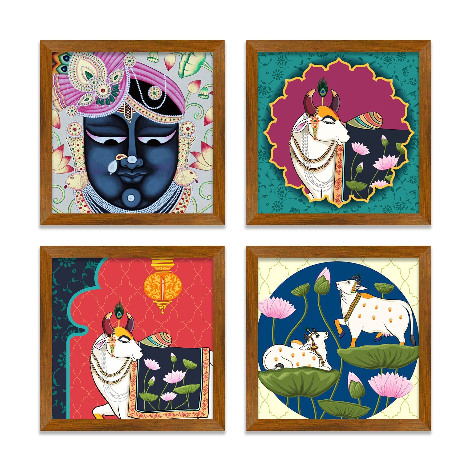 Lord Shrinathji Pichwai Cow Wooden Wall Frame Set of Four – Vibecrafts