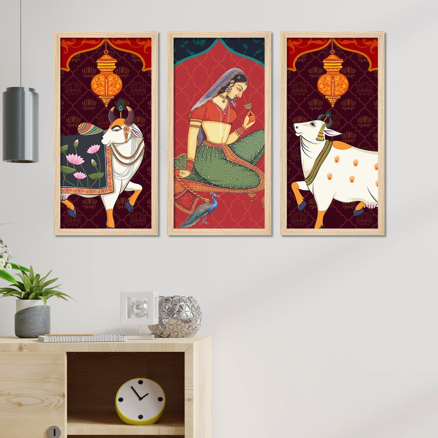 Madhubani Pichwai Cow Art Wooden Wall Frame Set of Three – Vibecrafts