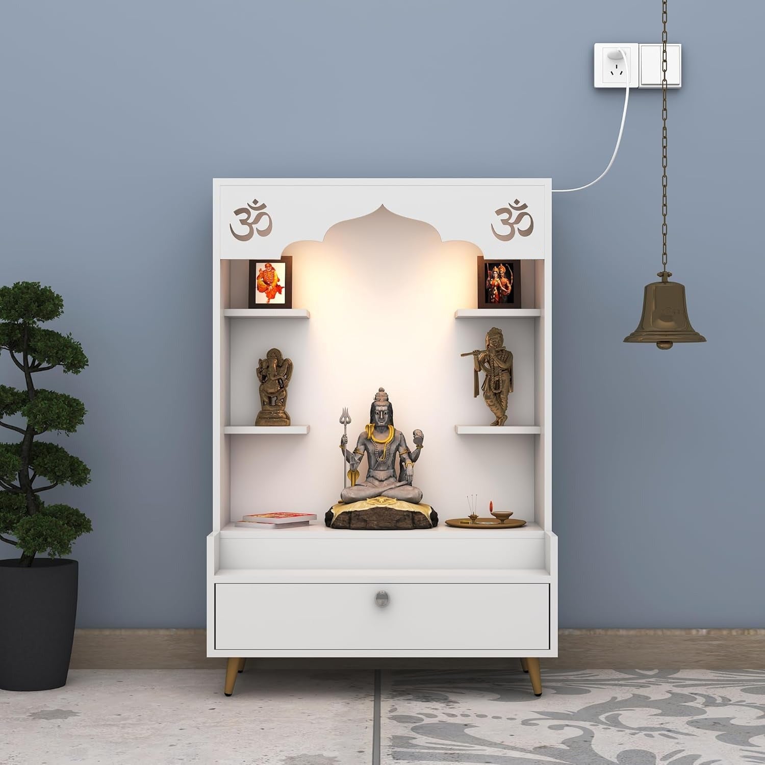 Minimalist White Wooden Floor Pooja Mandir with Open Shelves Om Engrav ...