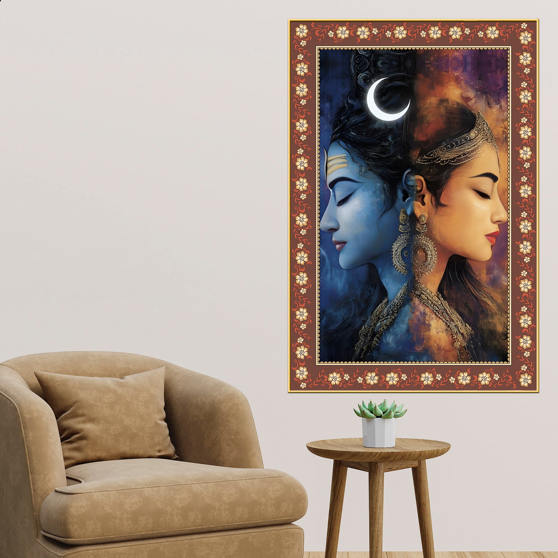 Modern Art Shiva Parvati Floral Border Vertical Wall Painting – Vibecrafts