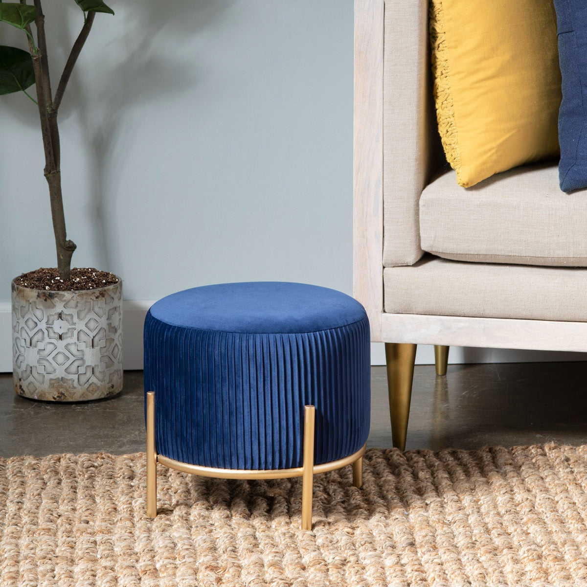 Plush Blue Velvet Stool with Stylish Gold Legs – Vibecrafts