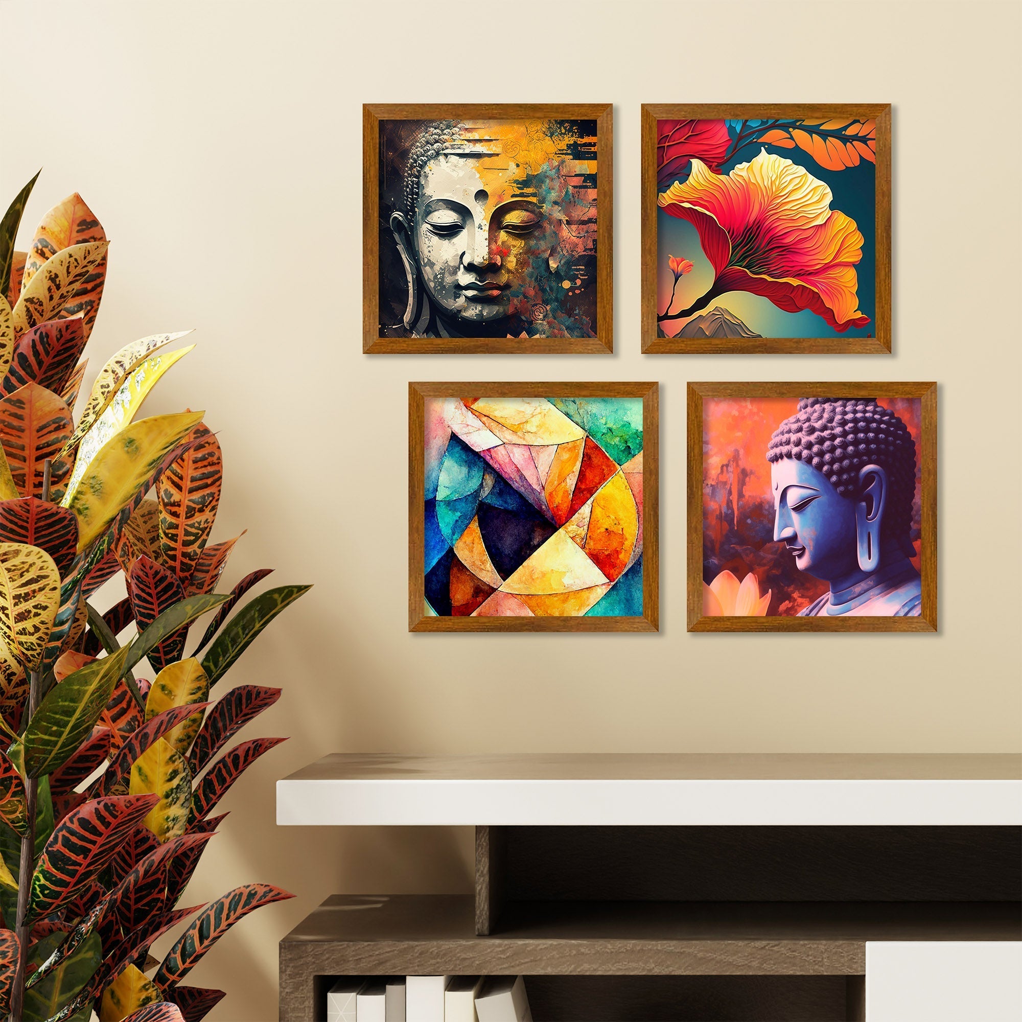 Premium Wooden Wall Frame Painting of Spiritual God Buddha Set of Four ...