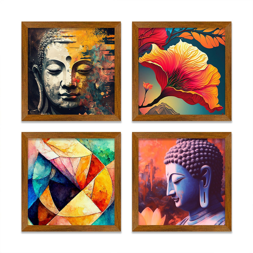 Premium Wooden Wall Frame Painting of Spiritual God Buddha Set of Four ...