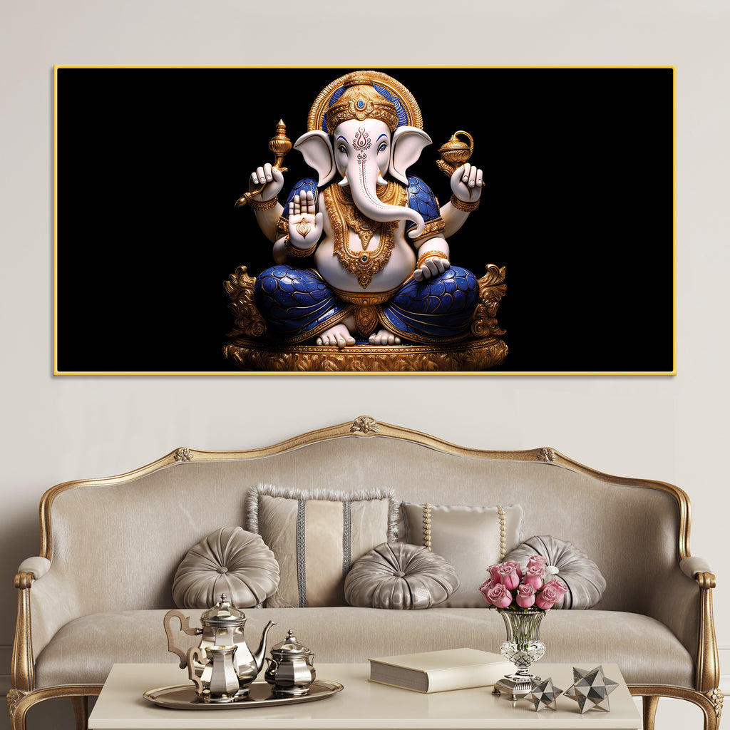Royal Lord Shri Ganpati Bappa Auspicious Golden & Blue Sculpture Canva