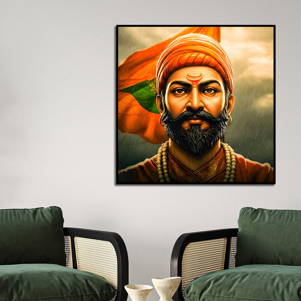 Shivaji Maharaj Saffron Flag Portrait Art Wall Painting