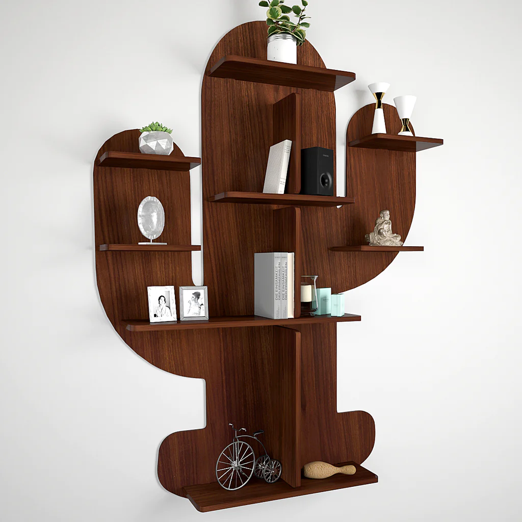 Cactus Shape Designer Wooden Wall Shelf / Book Shelf, Walnut Finish ...