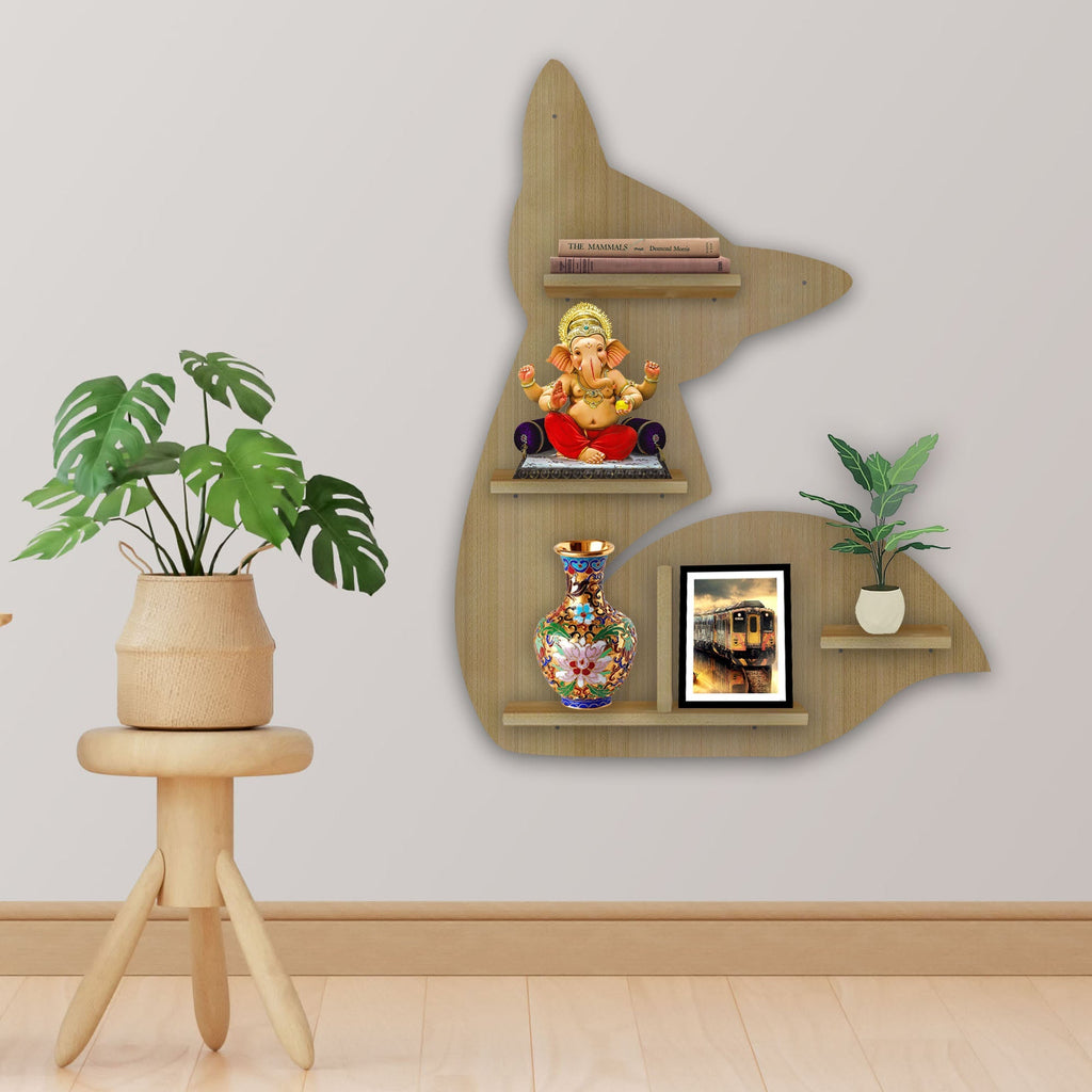 Designer Fox Shape Wooden LED Light Wall Shelf with Oak Finish – Vibecrafts