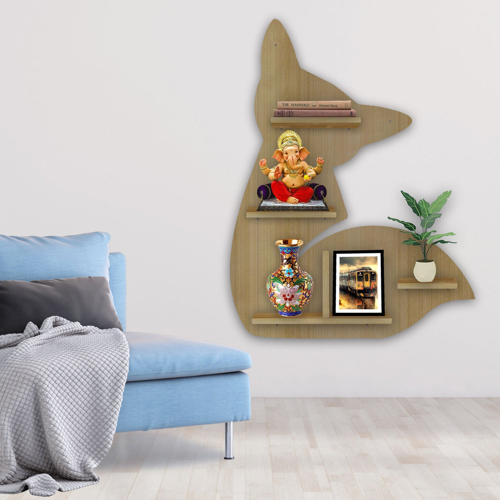 Designer Fox Shape Wooden LED Light Wall Shelf with Oak Finish – Vibecrafts