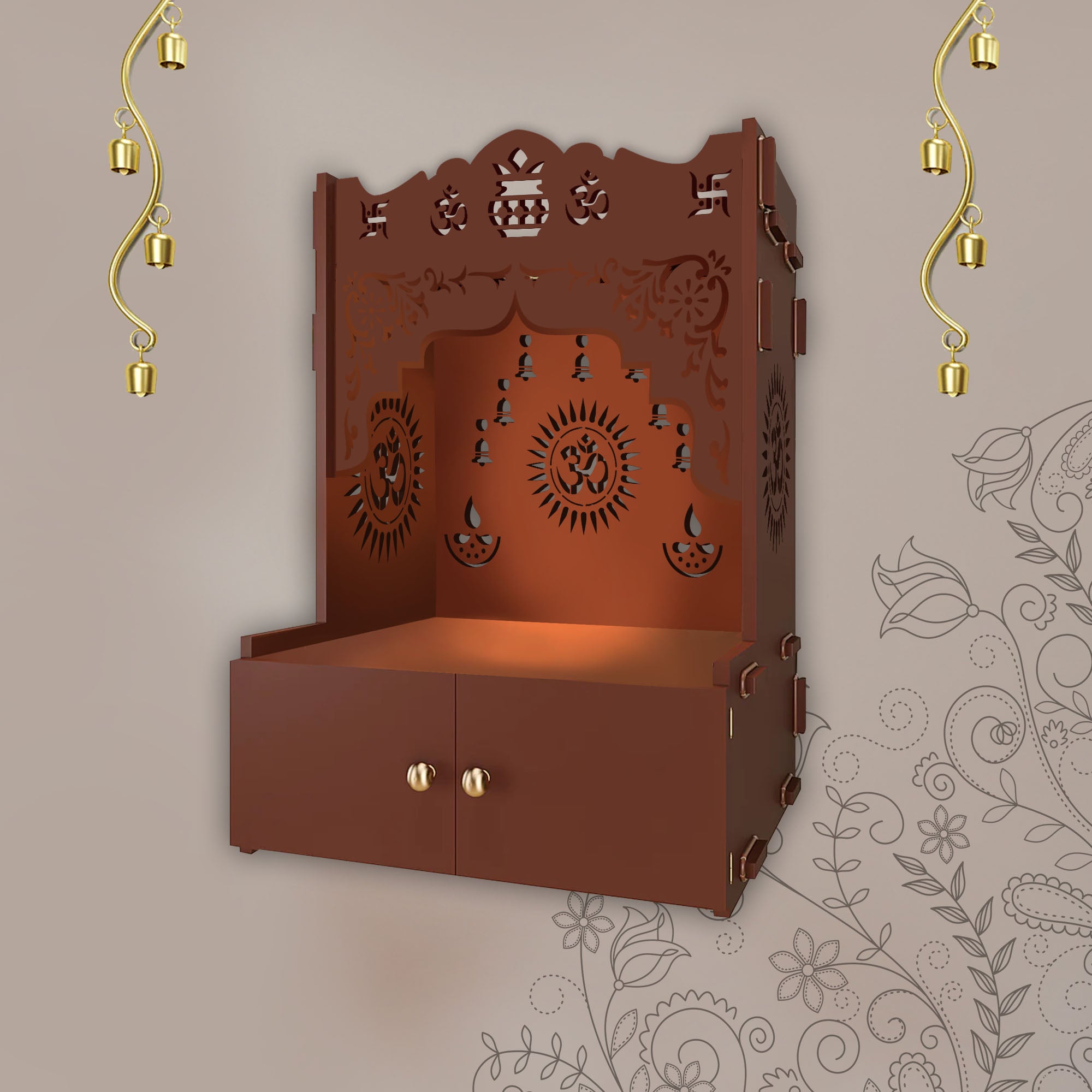 Designer Holy Symbol Om Brown Wood Temple with Inbuilt Focus Light & S
