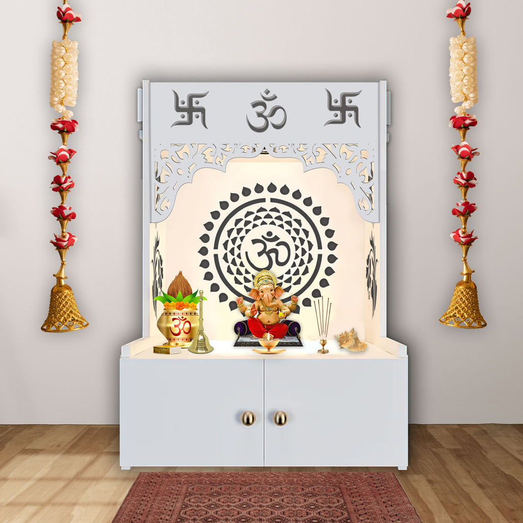 Designer Om Chakra Floor Temple with Spacious Wooden Shelf & Inbuilt F ...