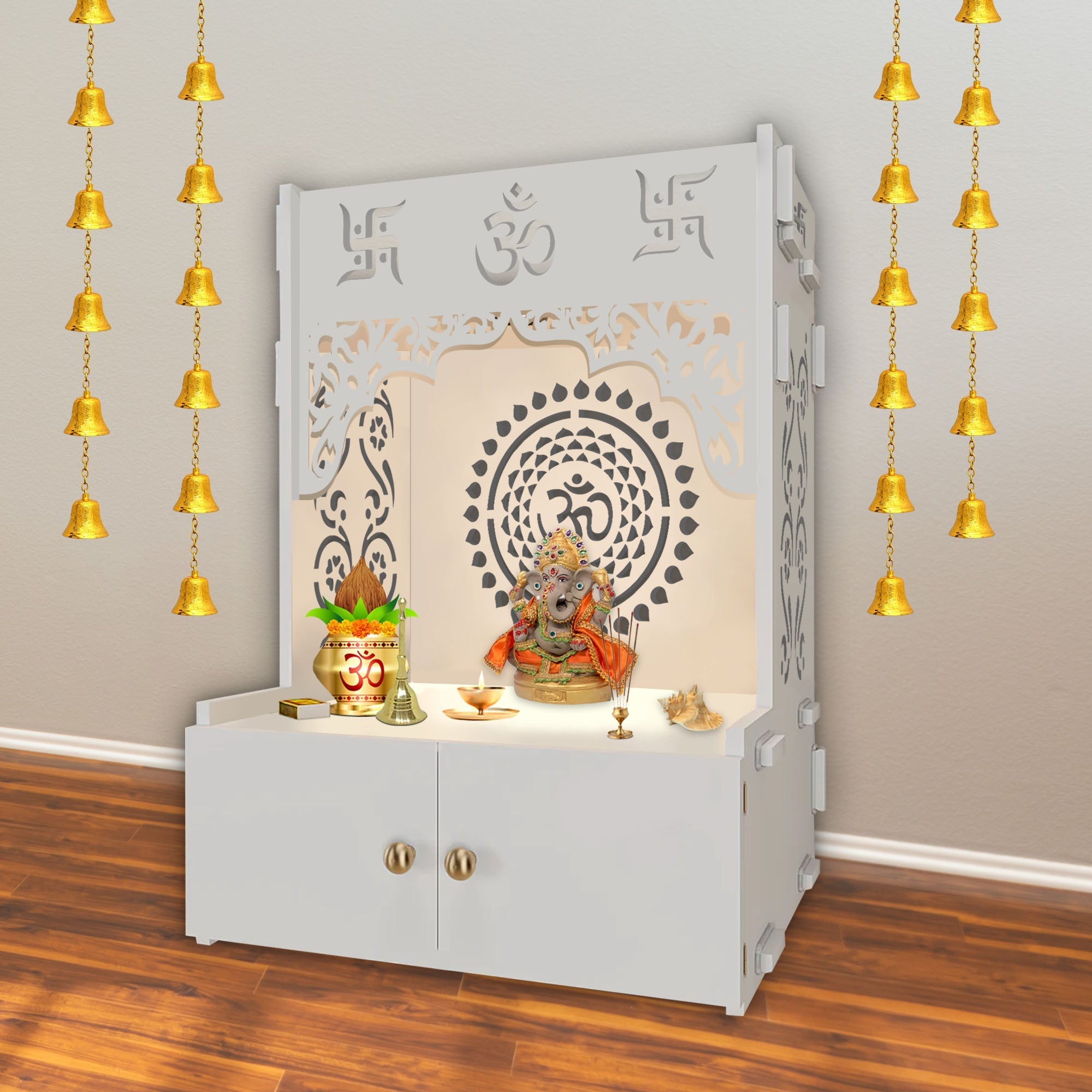 Designer Om Chakra Floor Temple with Spacious Wooden Shelf & Inbuilt F