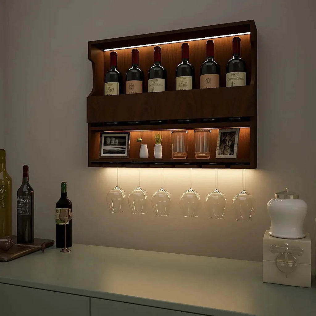 Exquisite Design Backlit MDF Mini Bar Shelf in Walnut Finish – Vibecrafts