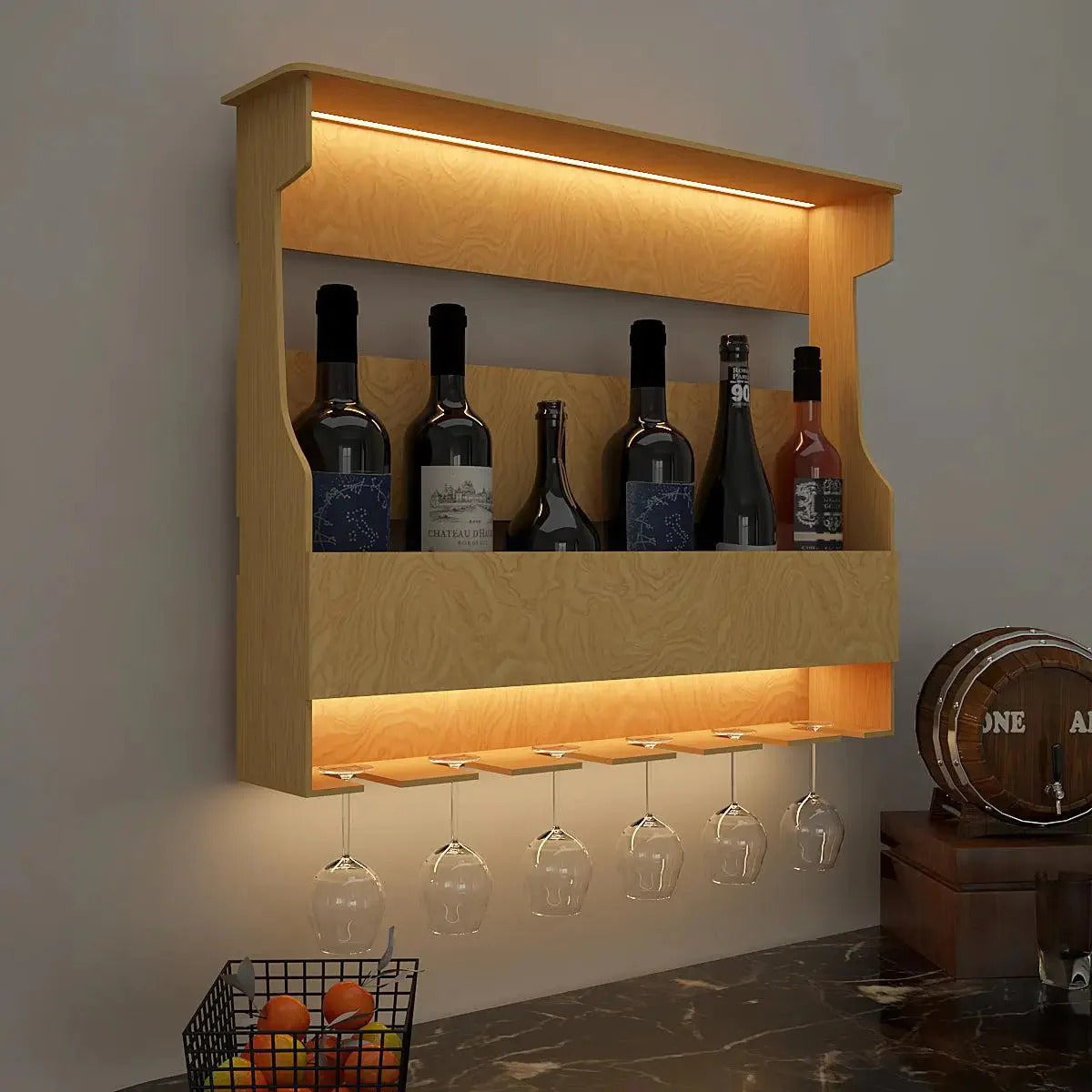 Backlit Design Bar Wall Shelf / Mini Bar Shelf in Light Oak Finish