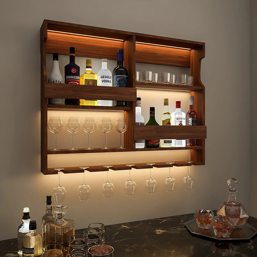 Luxurious Style Backlit Walnut Finished Mini Bar Shelf – Vibecrafts
