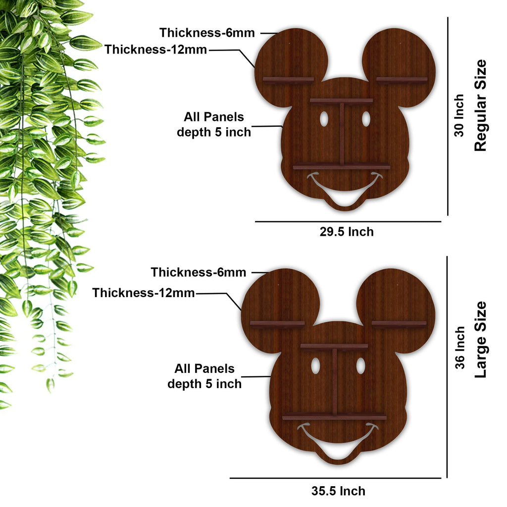 Mickey Mouse Face Shape Wooden LED Light Wall Shelf with Walnut Finish