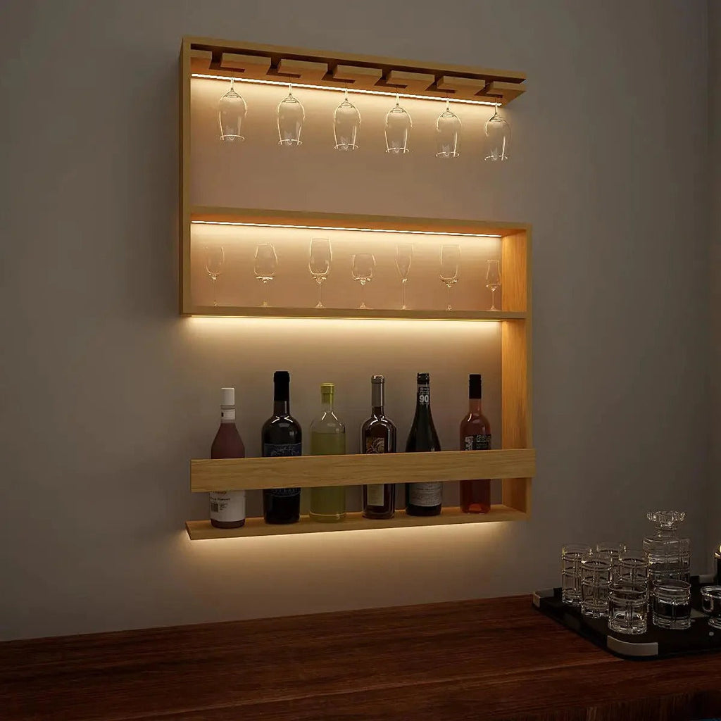 Modern Design Backlit MDF Bar Wall Shelf / Mini Bar Shelf in Light Oak ...