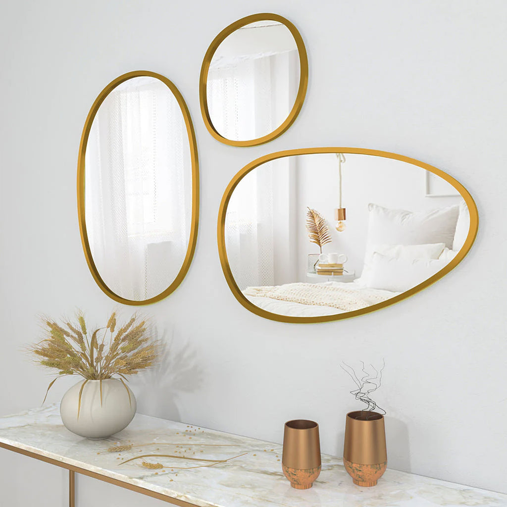 Modern Pebble Shaped Wall Mirrors Set of 3 with Golden Finish – Vibecrafts