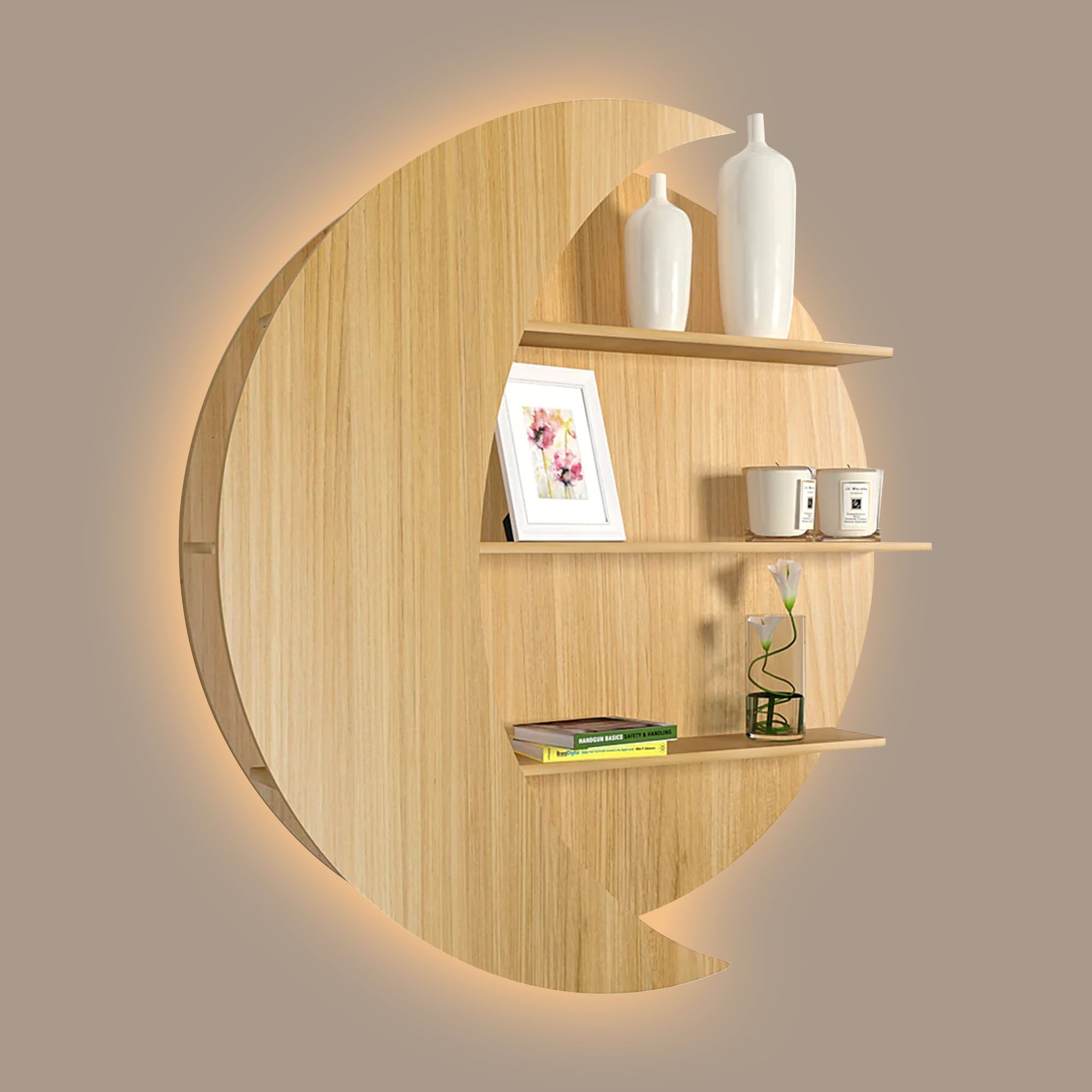 Moon Shape Designer Wooden Wall Shelf / Book Shelf, Oak Finish – Vibecrafts