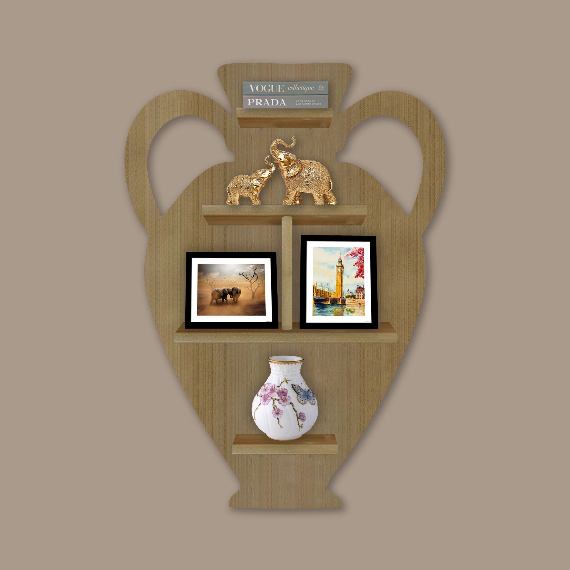 Pitcher Shape Wooden LED Light Wall Shelf with Oak Finish – Vibecrafts