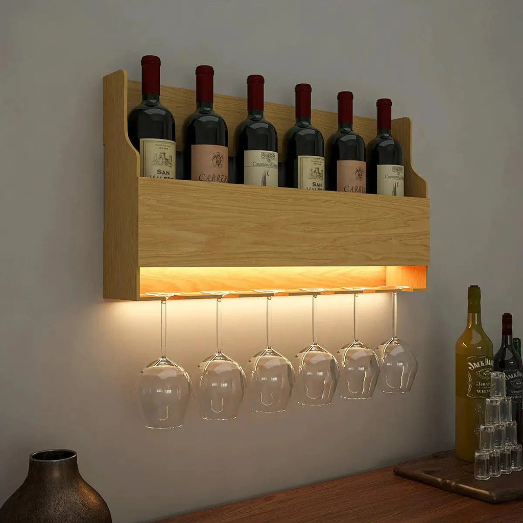 Backlit MDF Mini Bar Wall Shelf in Light Oak Finish
