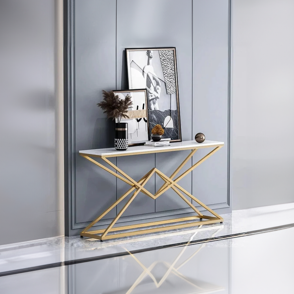 Pyramid Design Console Marble Table Golden Metal Finish – Vibecrafts