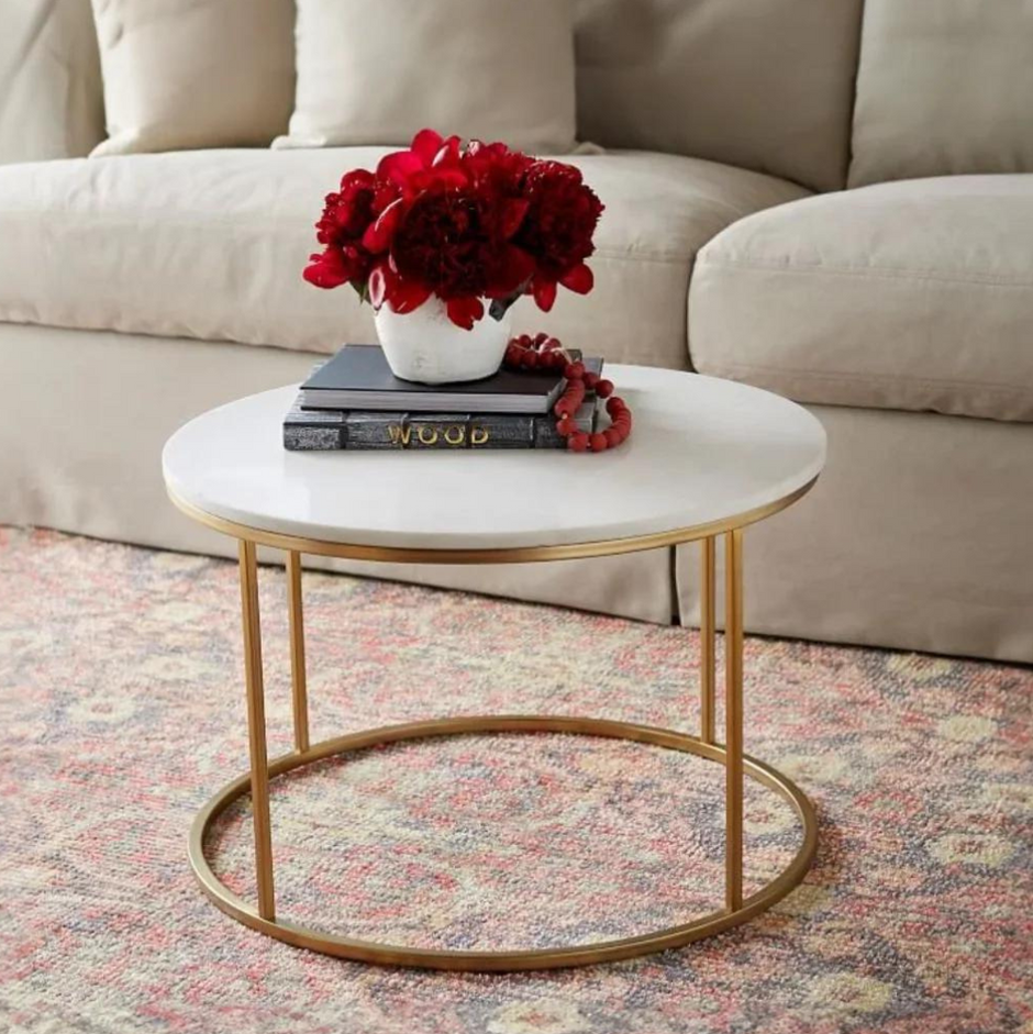 Premium White Marble Round Shaped Golden Stand Center Table – Vibecrafts